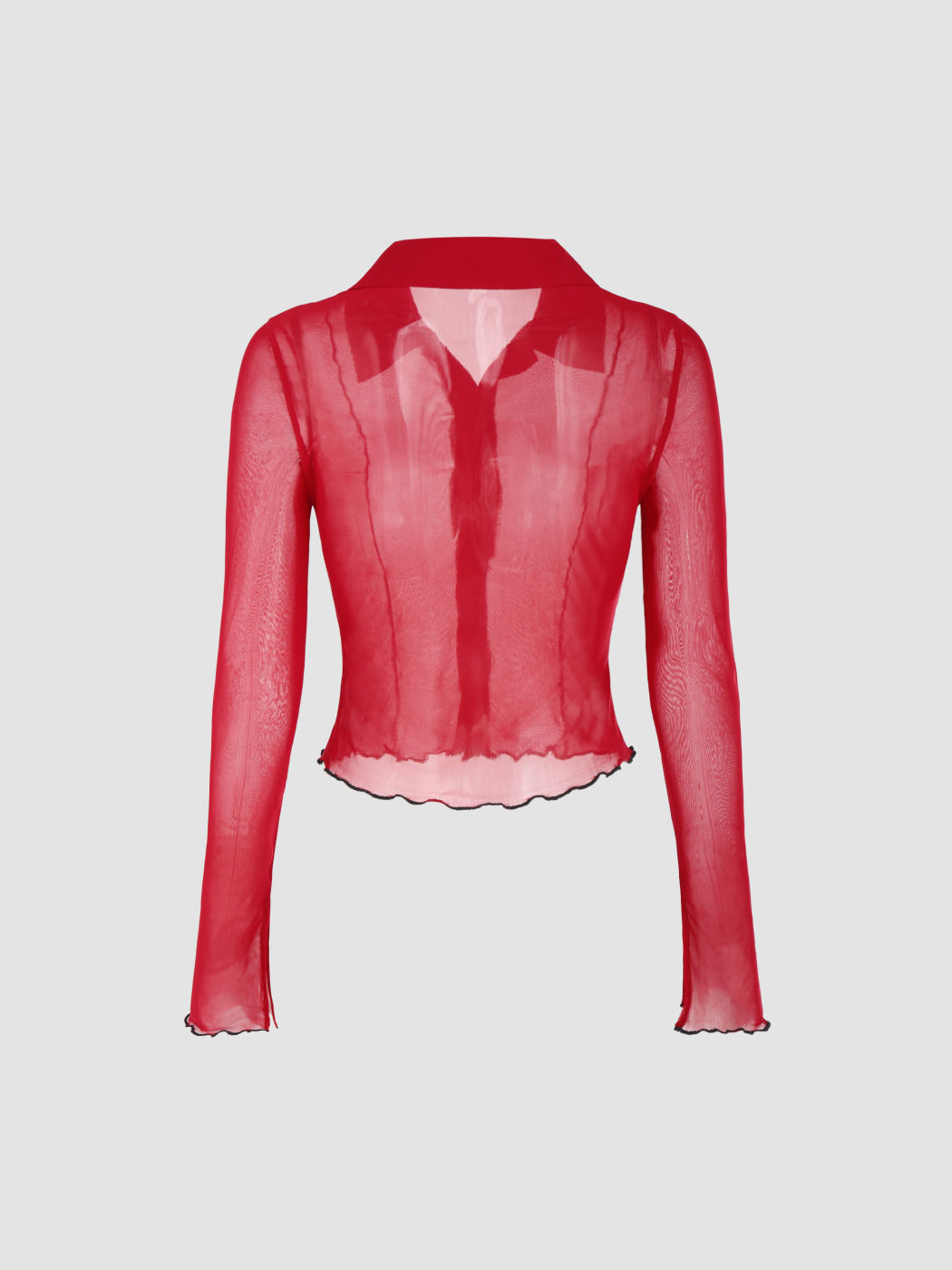 Mesh Solid Mesh Collar Contrasting Binding Ruffle Trim Long Sleeve Top