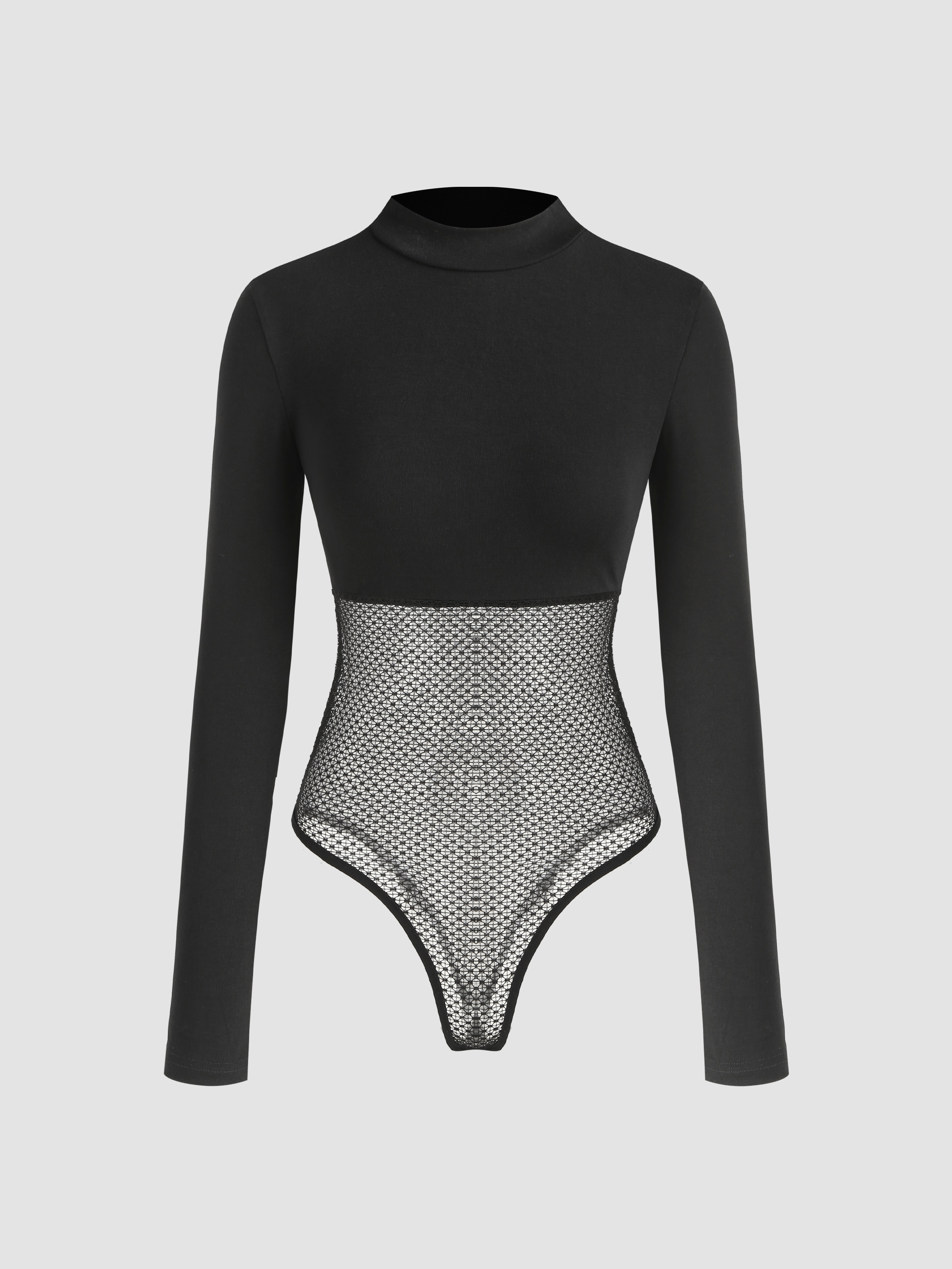 Jersey Stand Collar Solid Contrast Mesh Bodysuit For Music Festival ...