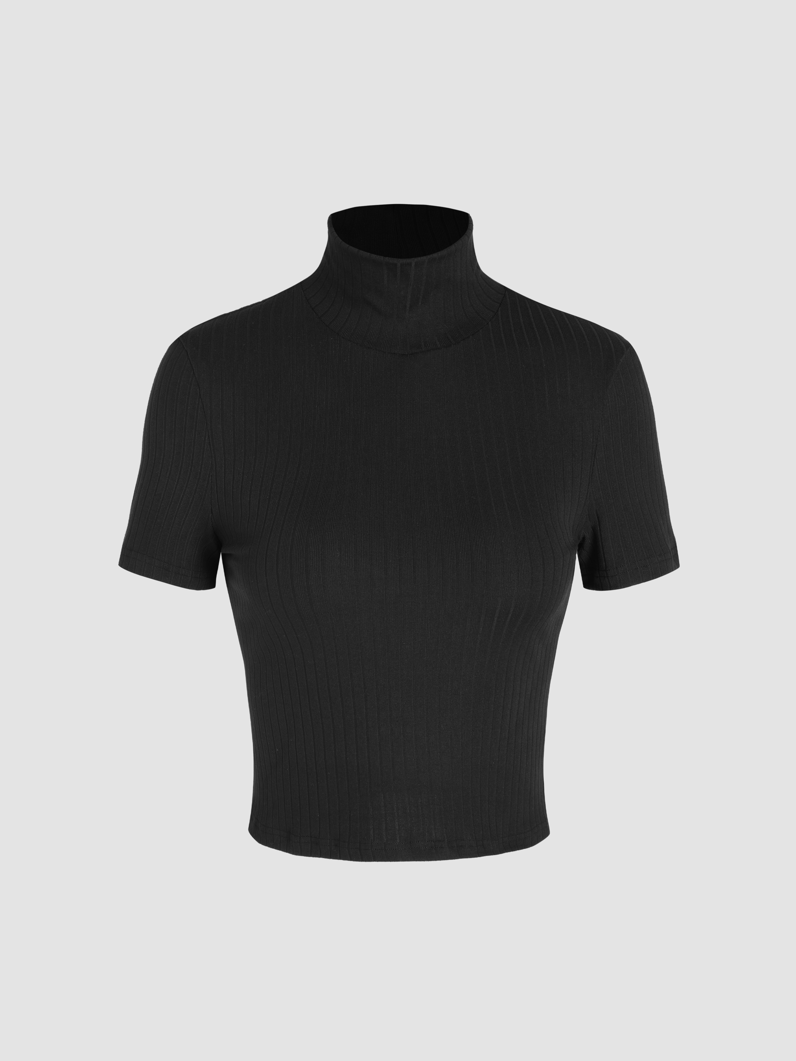 Office Siren Rib Rib High Neck Solid Short Sleeve Tee For Daily Casual ...