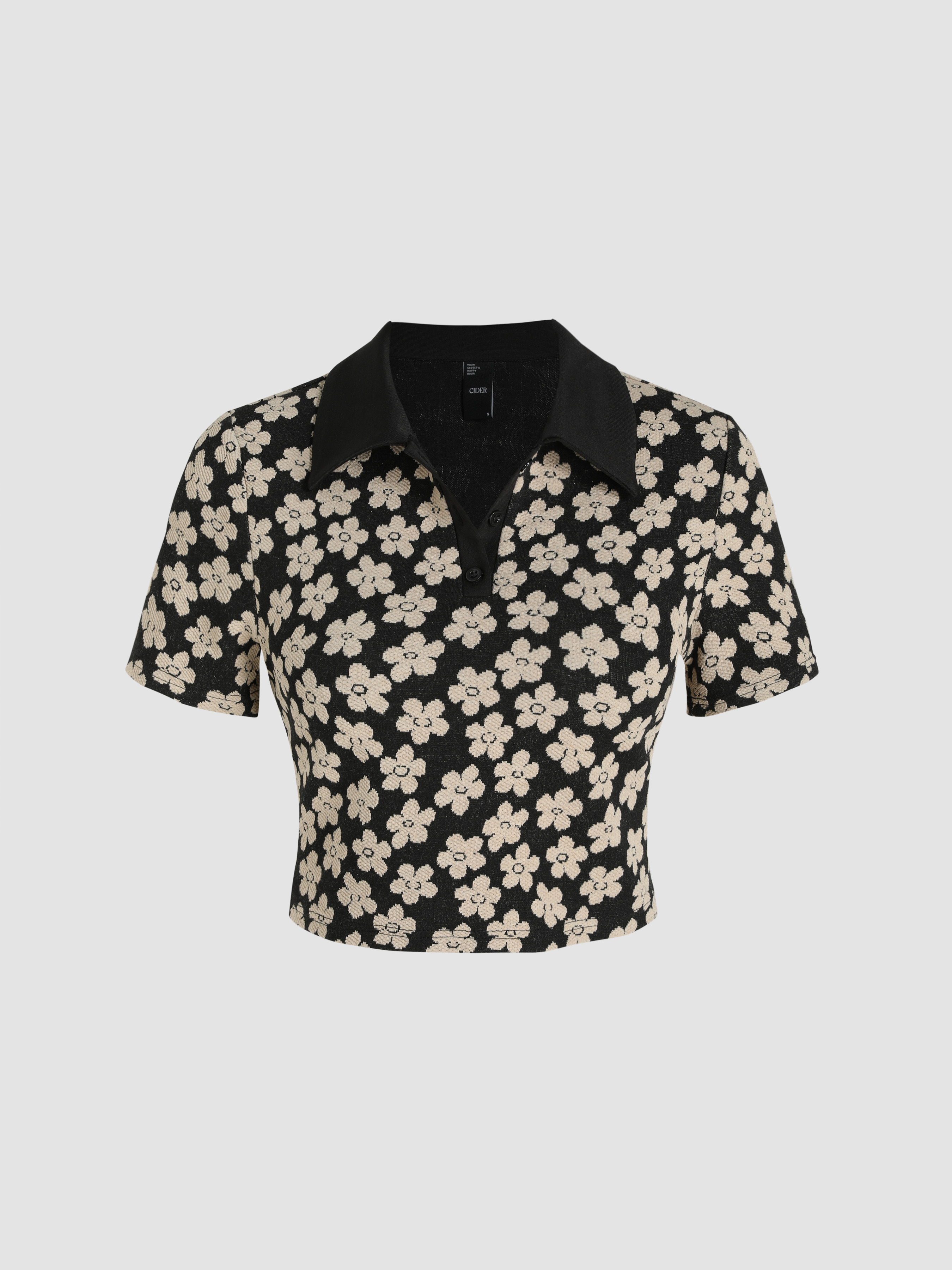 Knit Collar Floral Short Sleeve Top For Daily Casual School
