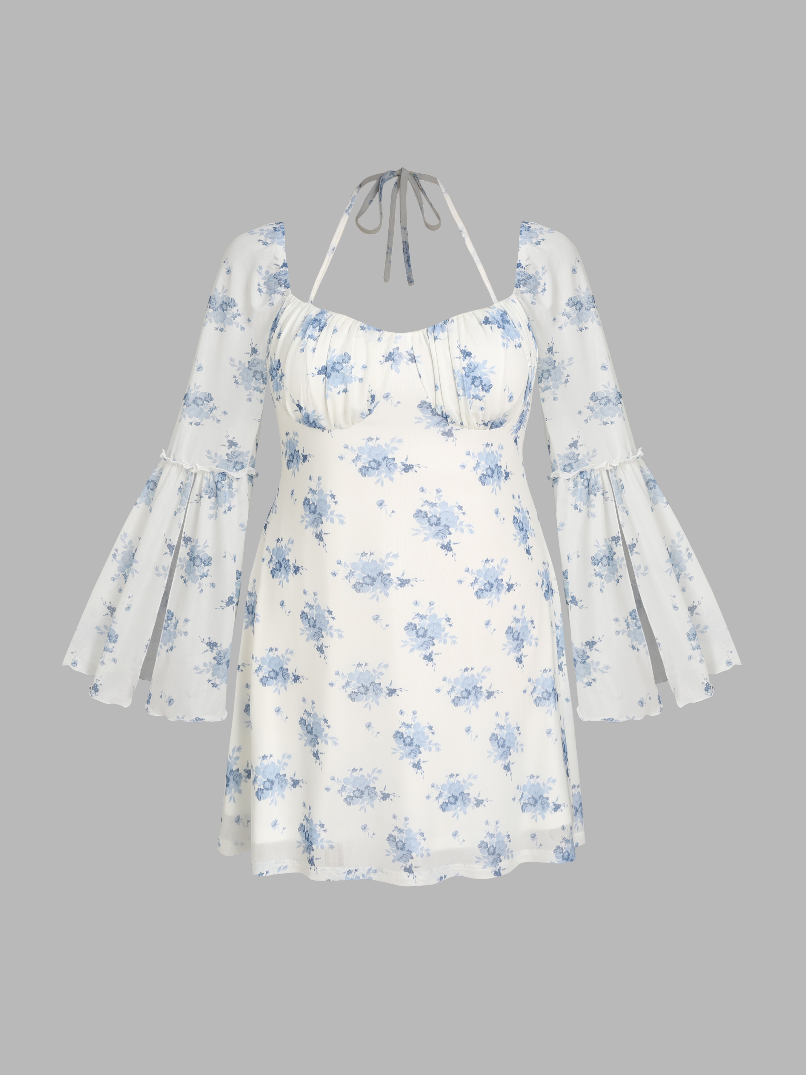 Curve & Plus Floral Bell Sleeve Halter Knotted Mini Dress For Date Vacation