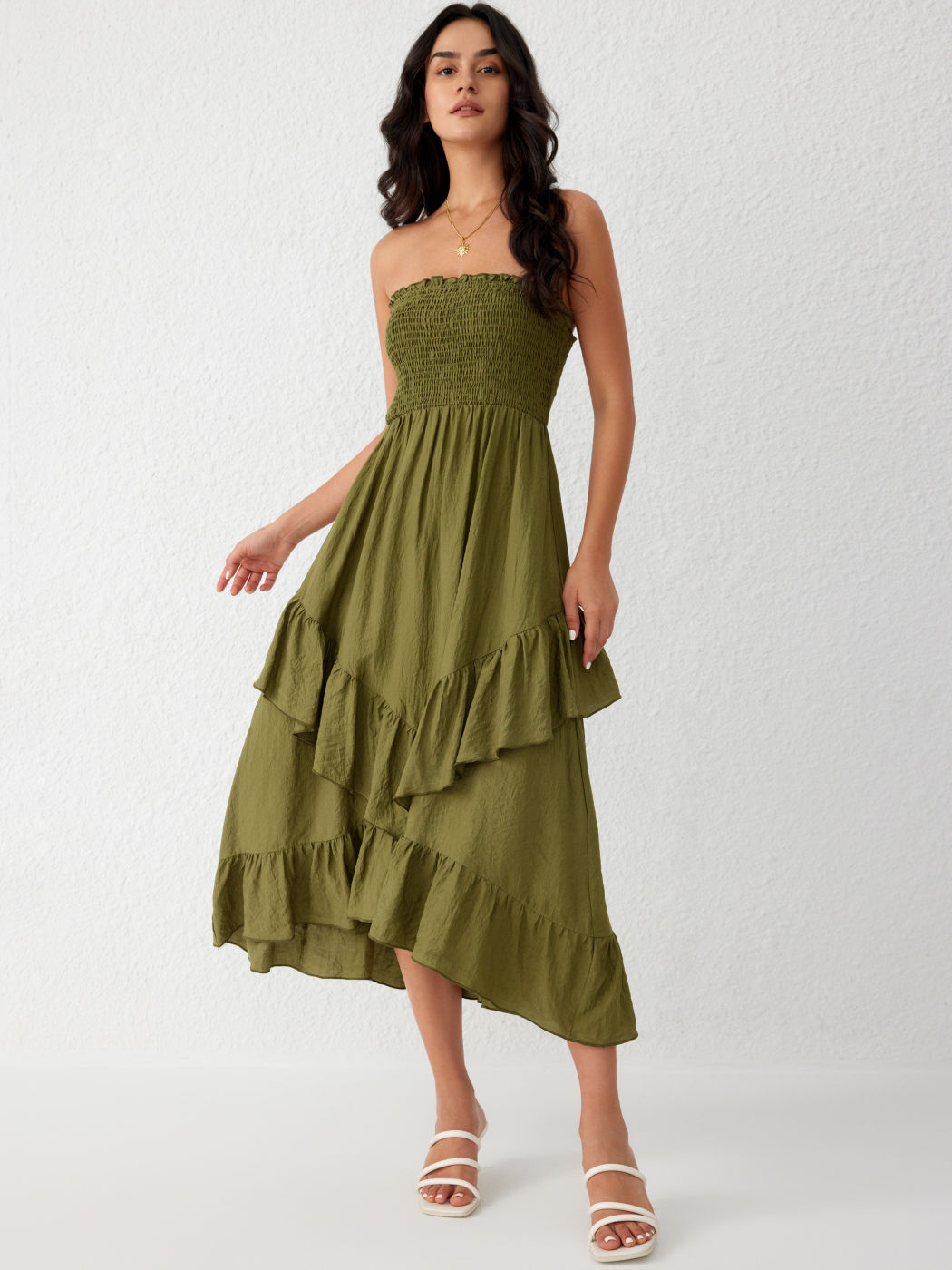 Shirred Ruffle Hem Tube Maxi Dress - Cider