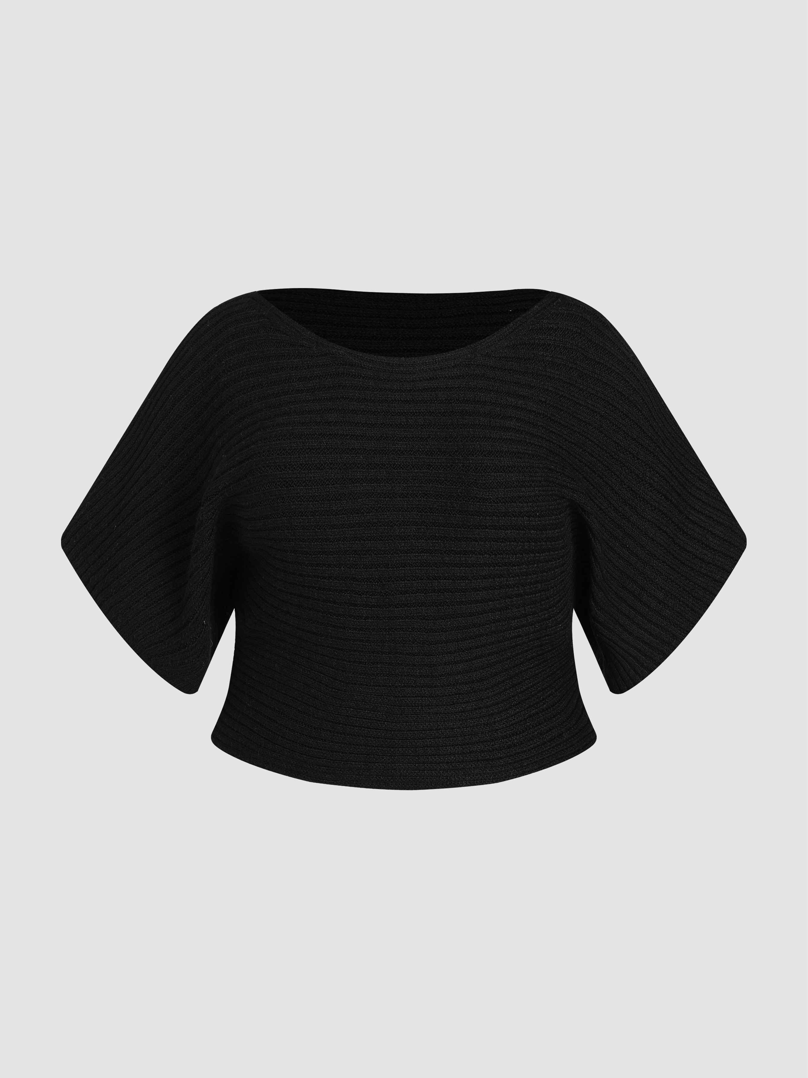 Round Neckline Solid Knitted Short Sleeve Top Curve & Plus - Cider