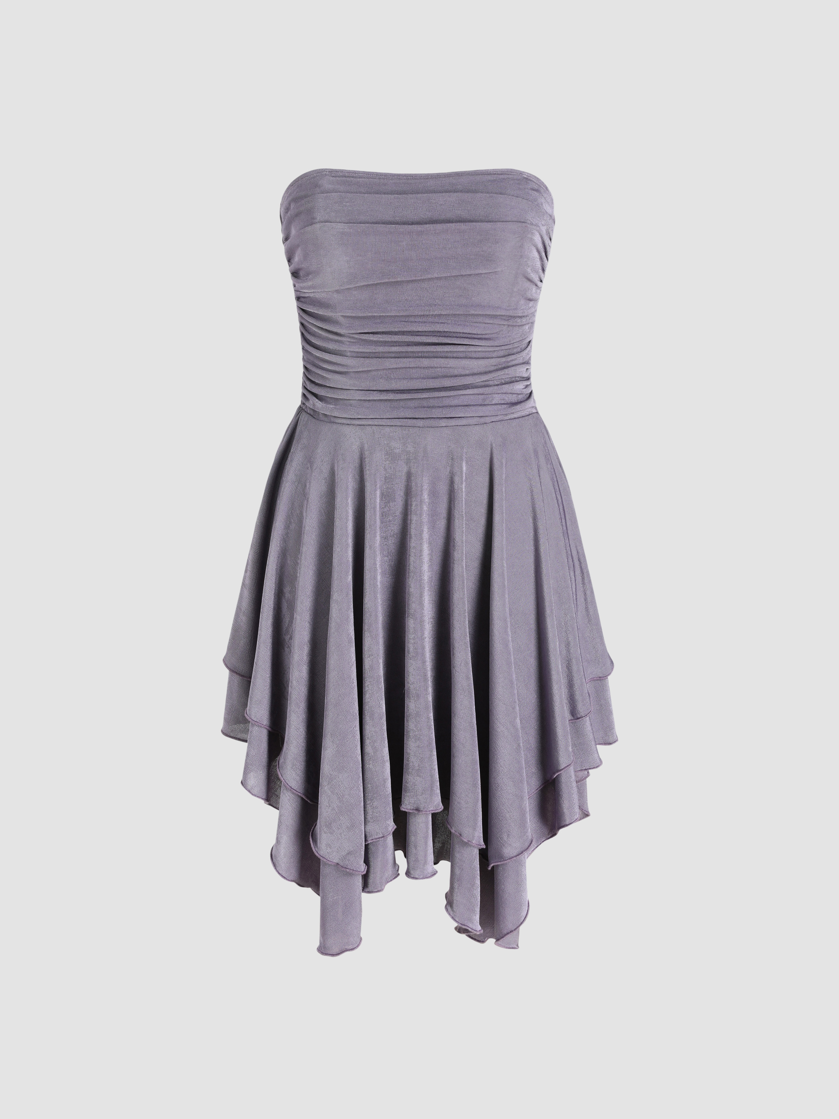 Sun Dresses Solid Ruched Layered Ruffle Tube Mini Dress For Holiday