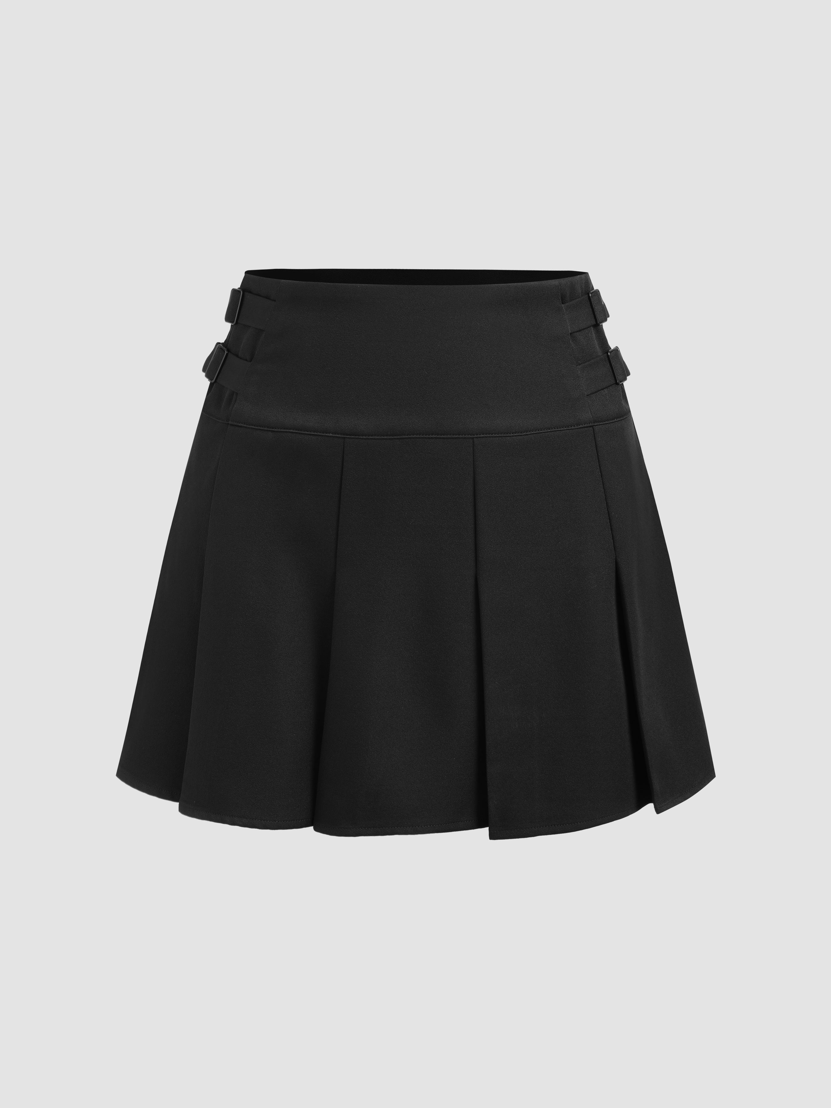 Woven Mid Waist Solid Belted Pleated Mini Skirt - Cider