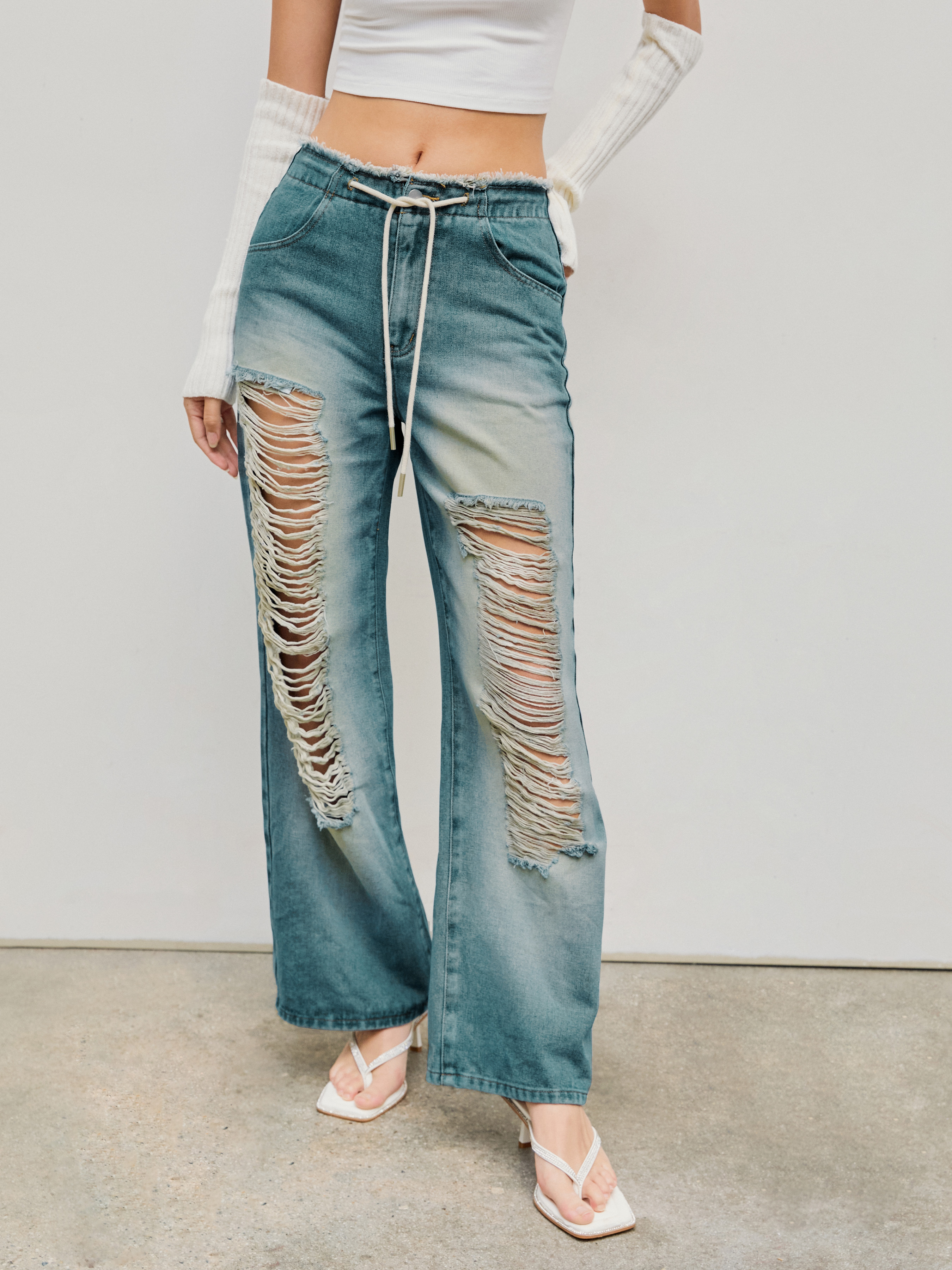 Solid Mid Waist Washed Ripped Straight Leg Jeans - Cider