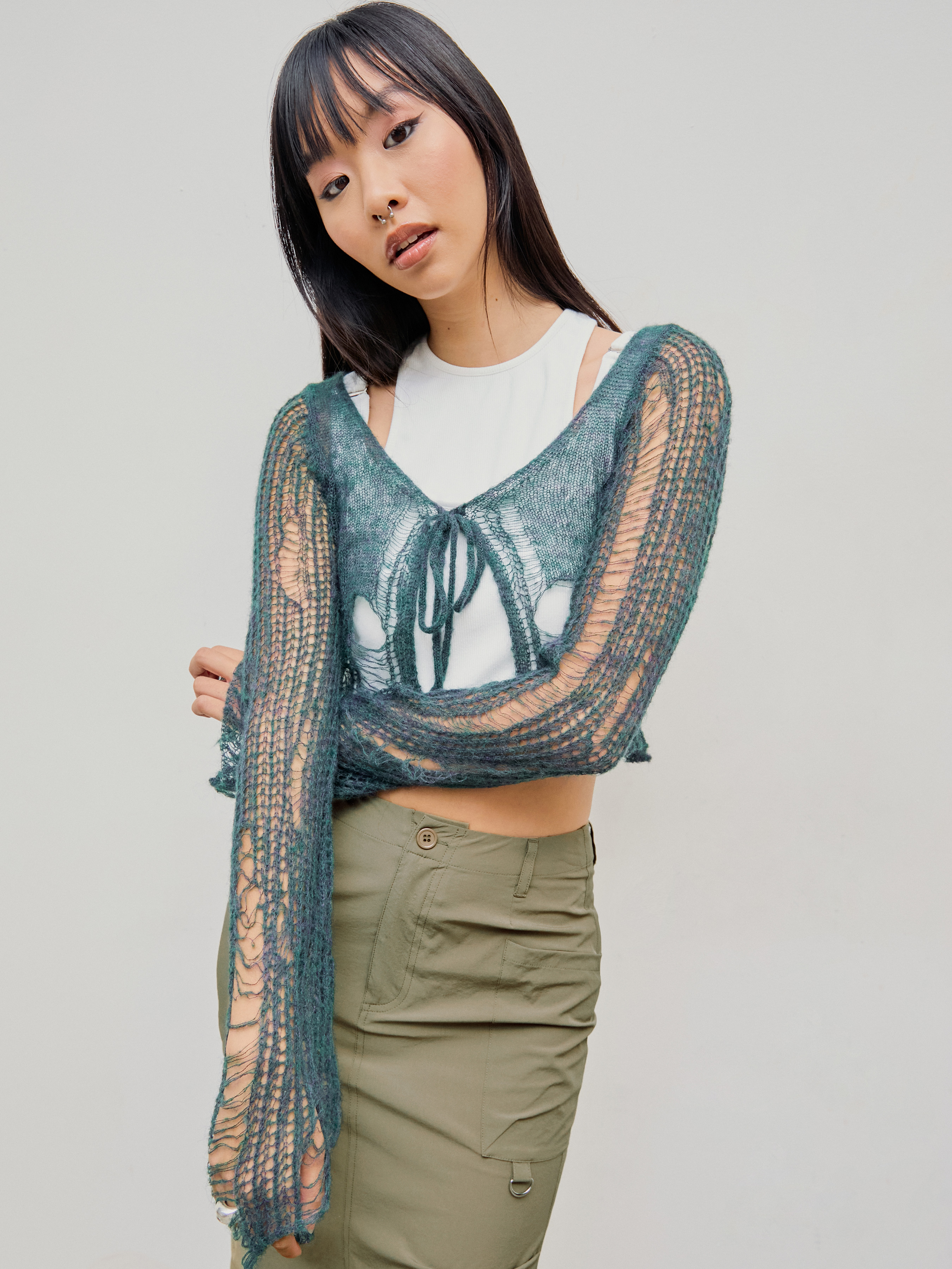 Wool-blend Solid Knit V-neck Hollow Out Bell Sleeve Cardigan - Cider