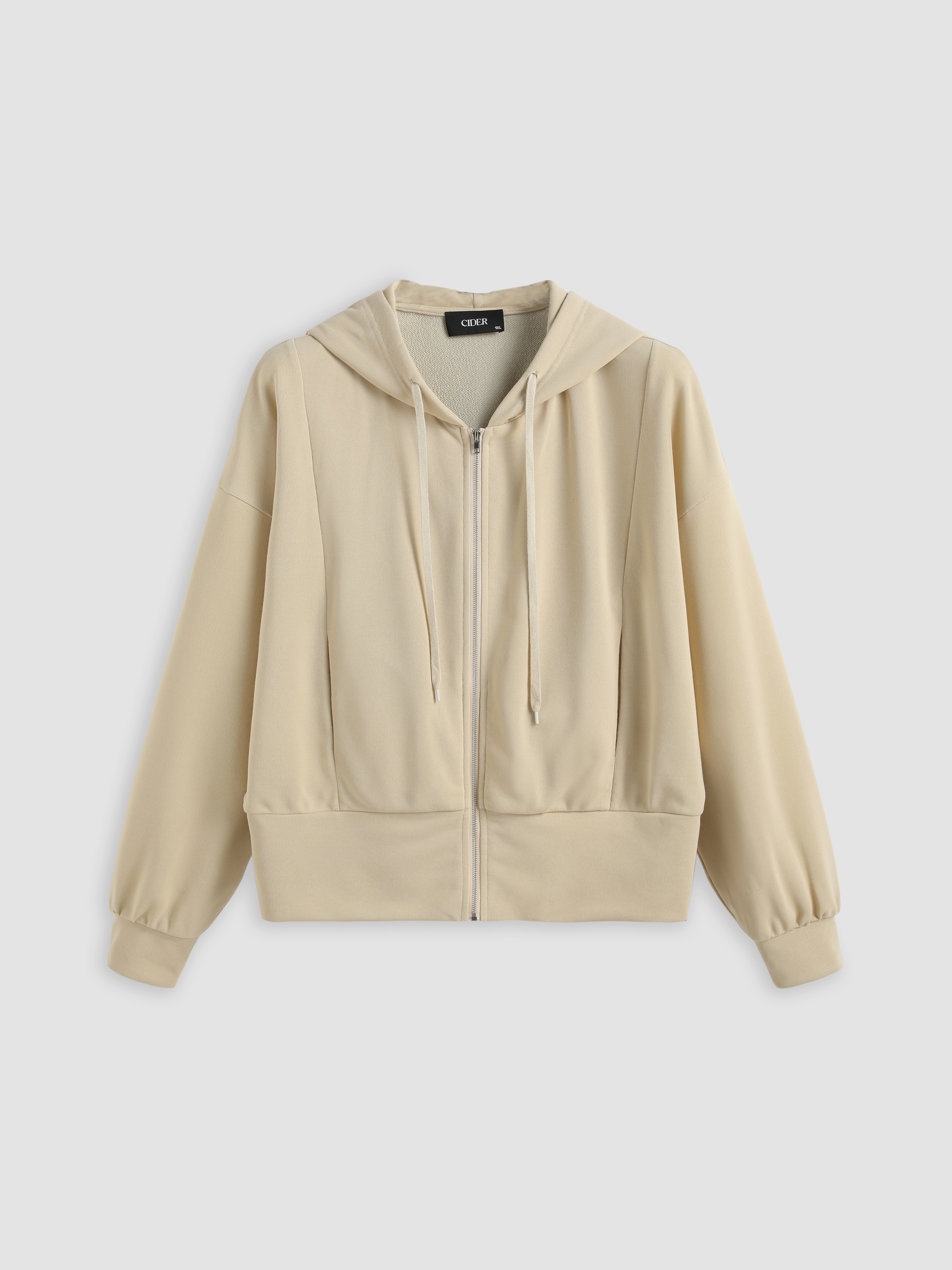 Terry Solid Round Neckline Drawstring Zipper Hoodie Curve & Plus For School Daily Casual