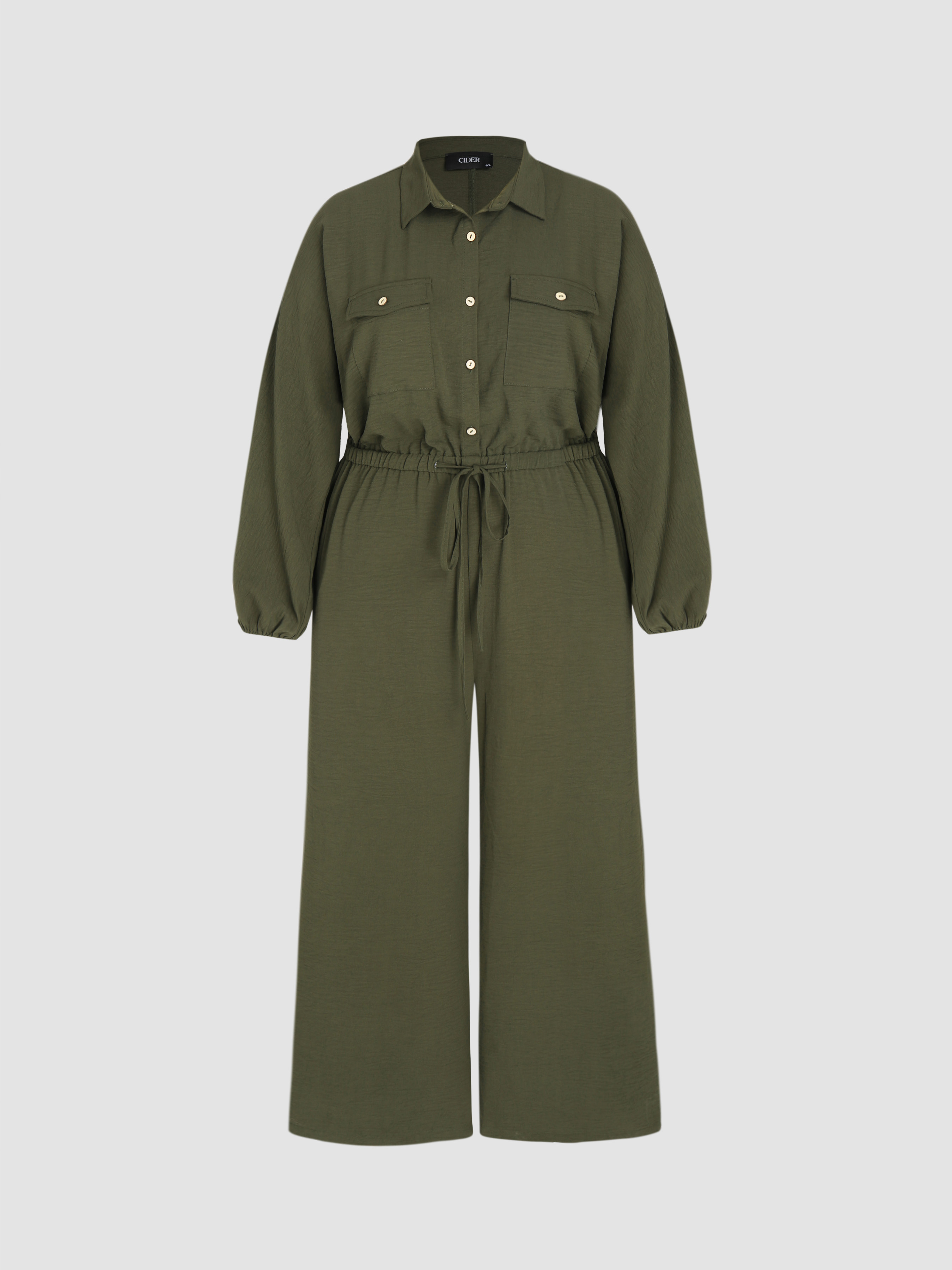 Curve & Plus Collar Button Up Long Sleeve Drawstring Solid Jumpsuit For School Daily Casual ...