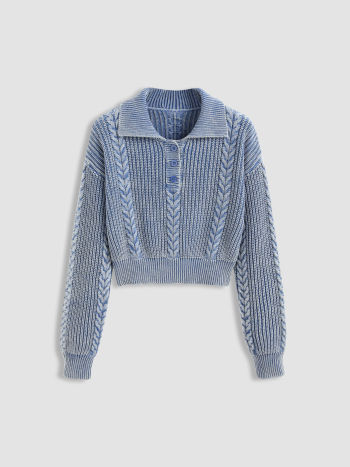 Collar Chunky Cable Knit Long Sleeve Crop Top - Cider