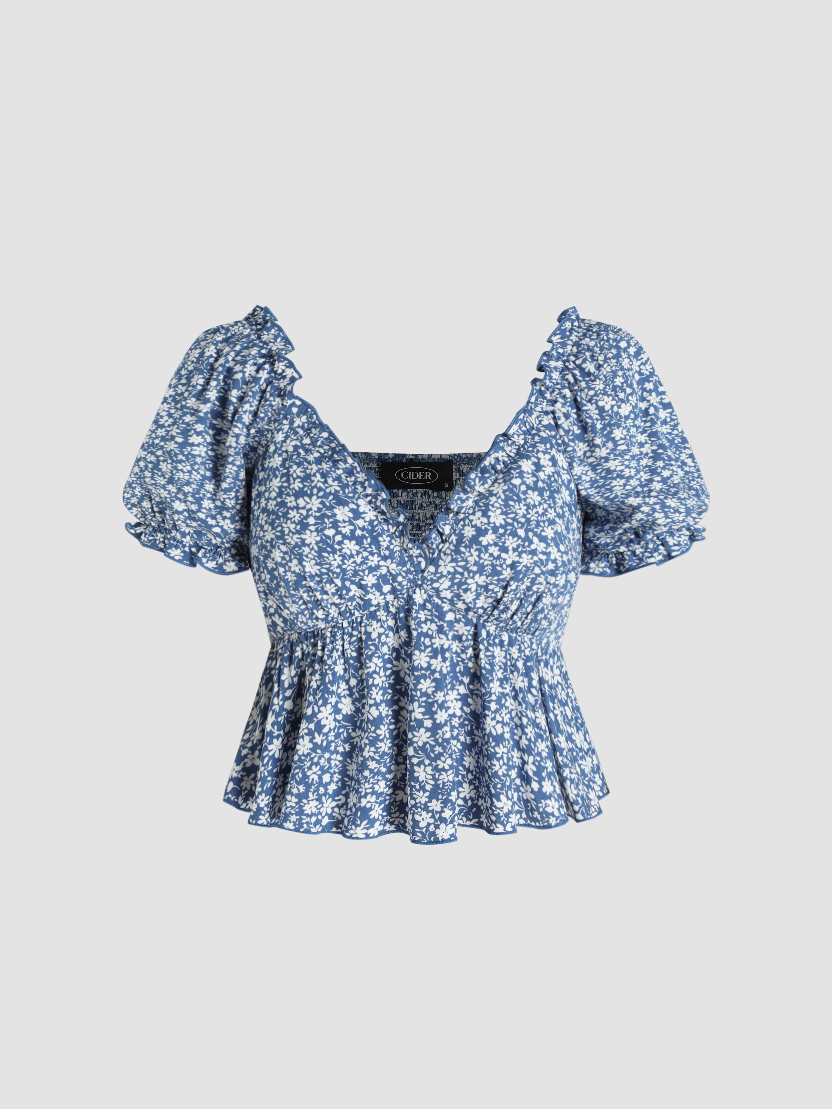 Floral Sweetheart Ruffle Trim Shirred Short Sleeve Top For Vacation Holiday