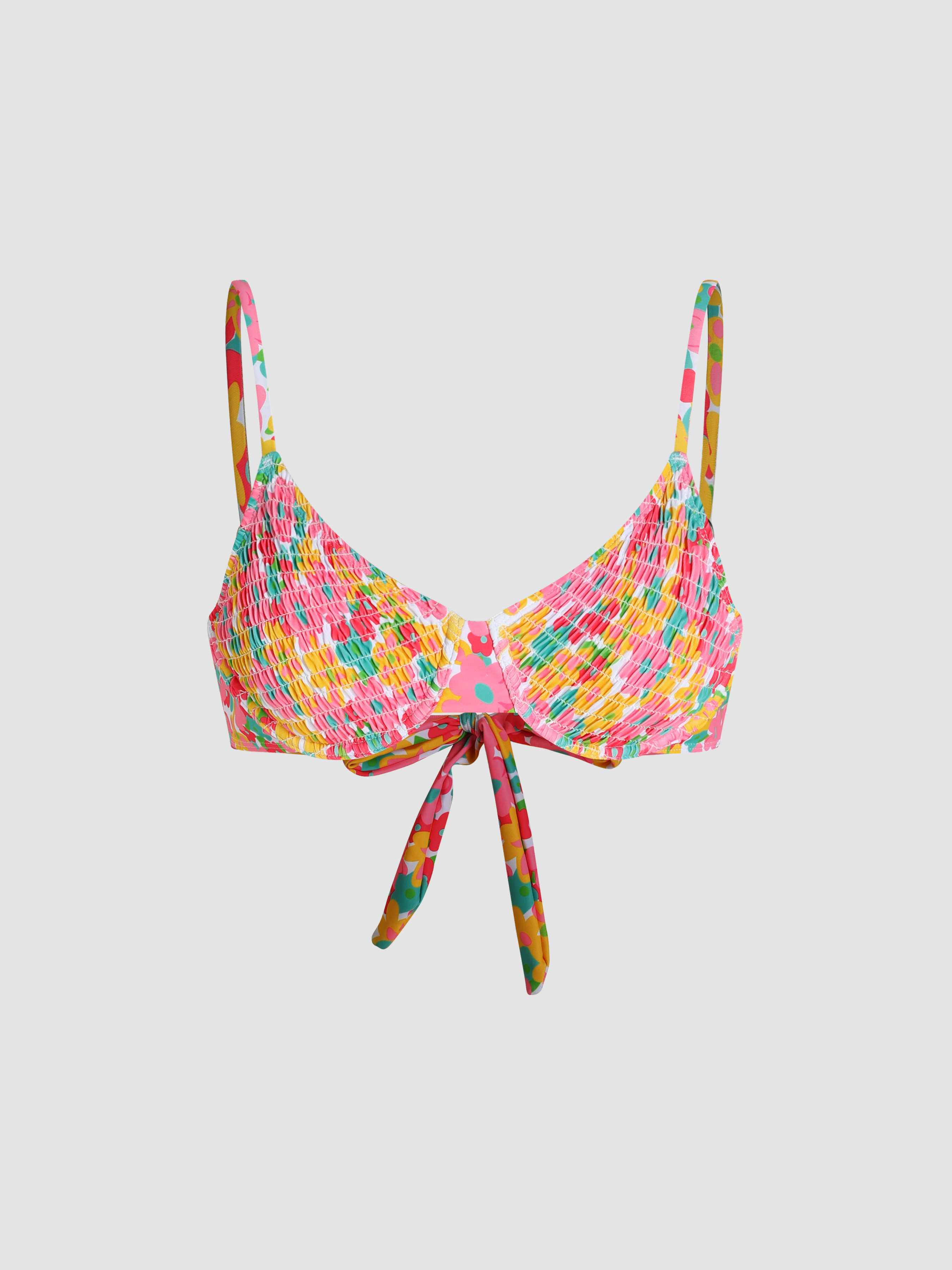 Knit Fabric V Neck Floral Shirred Underwire Uplifting Bikini Top For