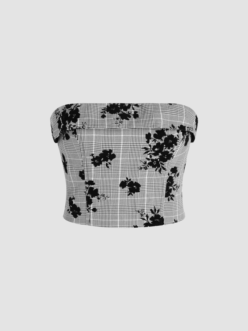 Woven Strapless Gingham Floral Tube Crop Top For Daily Casual Date