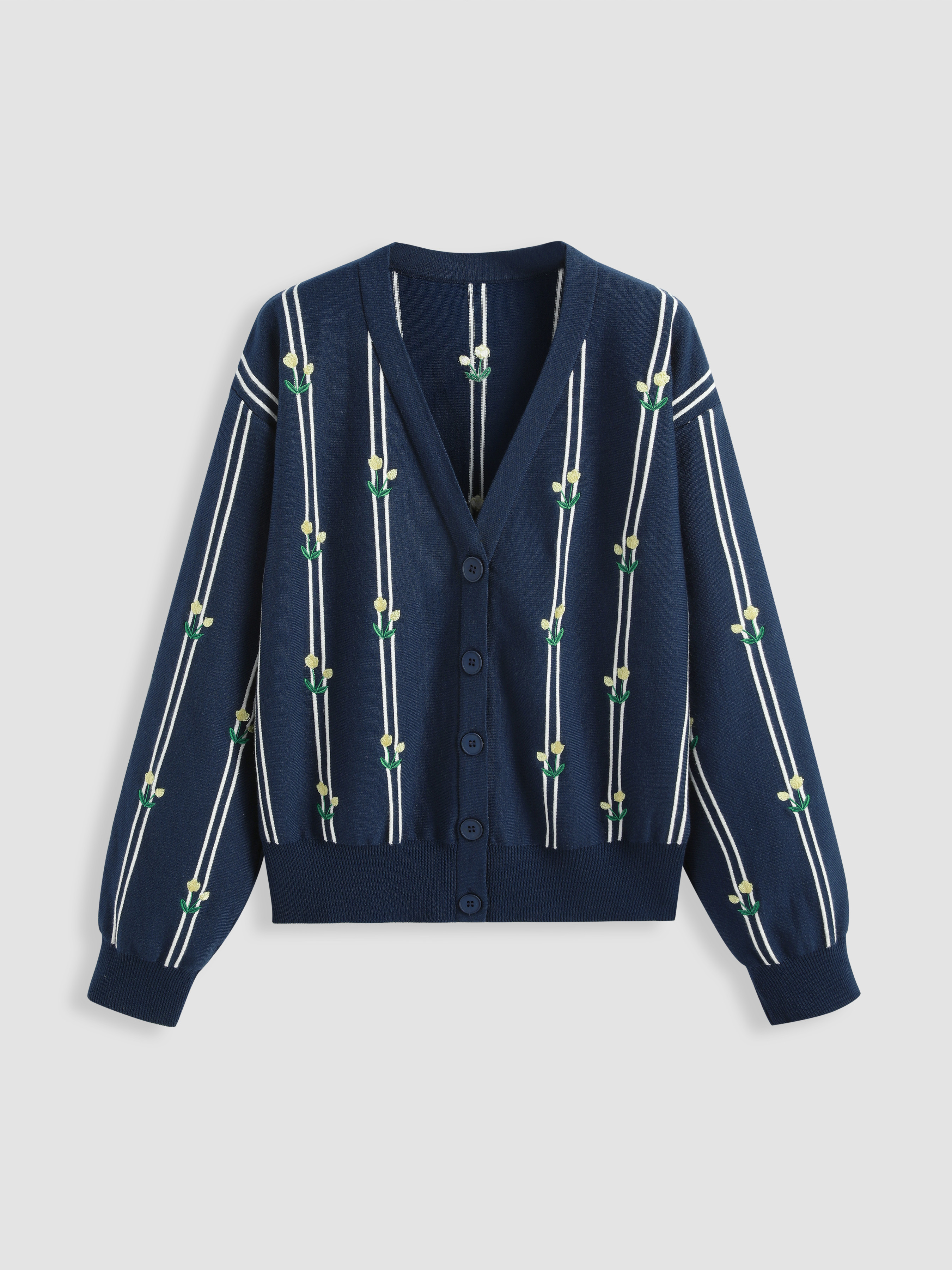 Floral Cardigan Knit Fabric Knit V-neck Striped Floral Embroidery ...