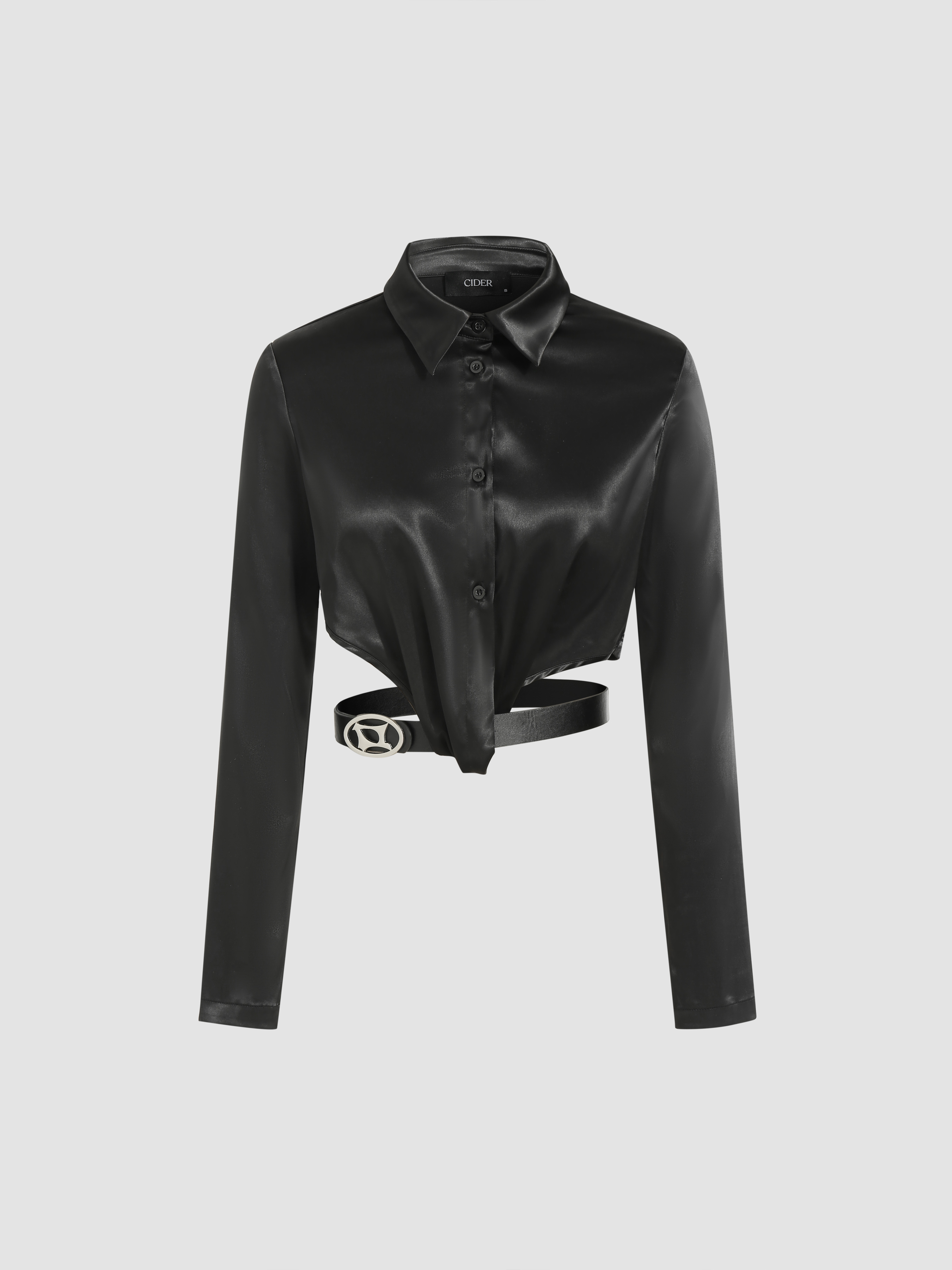 Satin Satin Collar Solid Cut Out Crop Long Sleeve Blouse With Belt