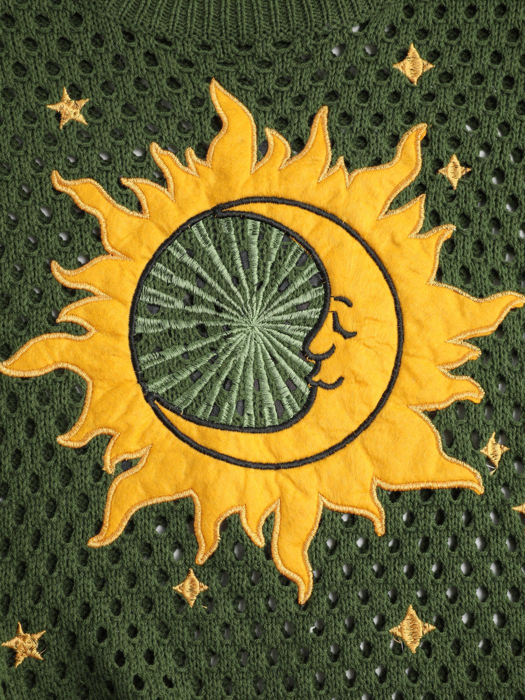 Knit Fabric Knit Sun & Moon Graphic Contrasting Binding Hollow Out Long ...