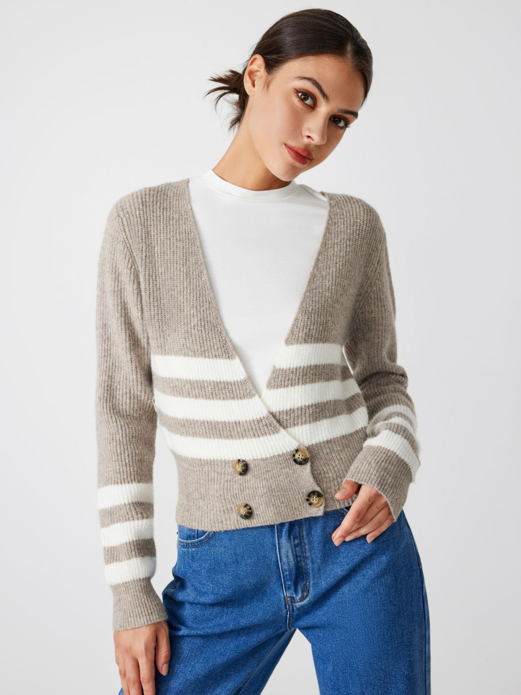 Wool-blend V-neck Striped Button Cardigan - Cider