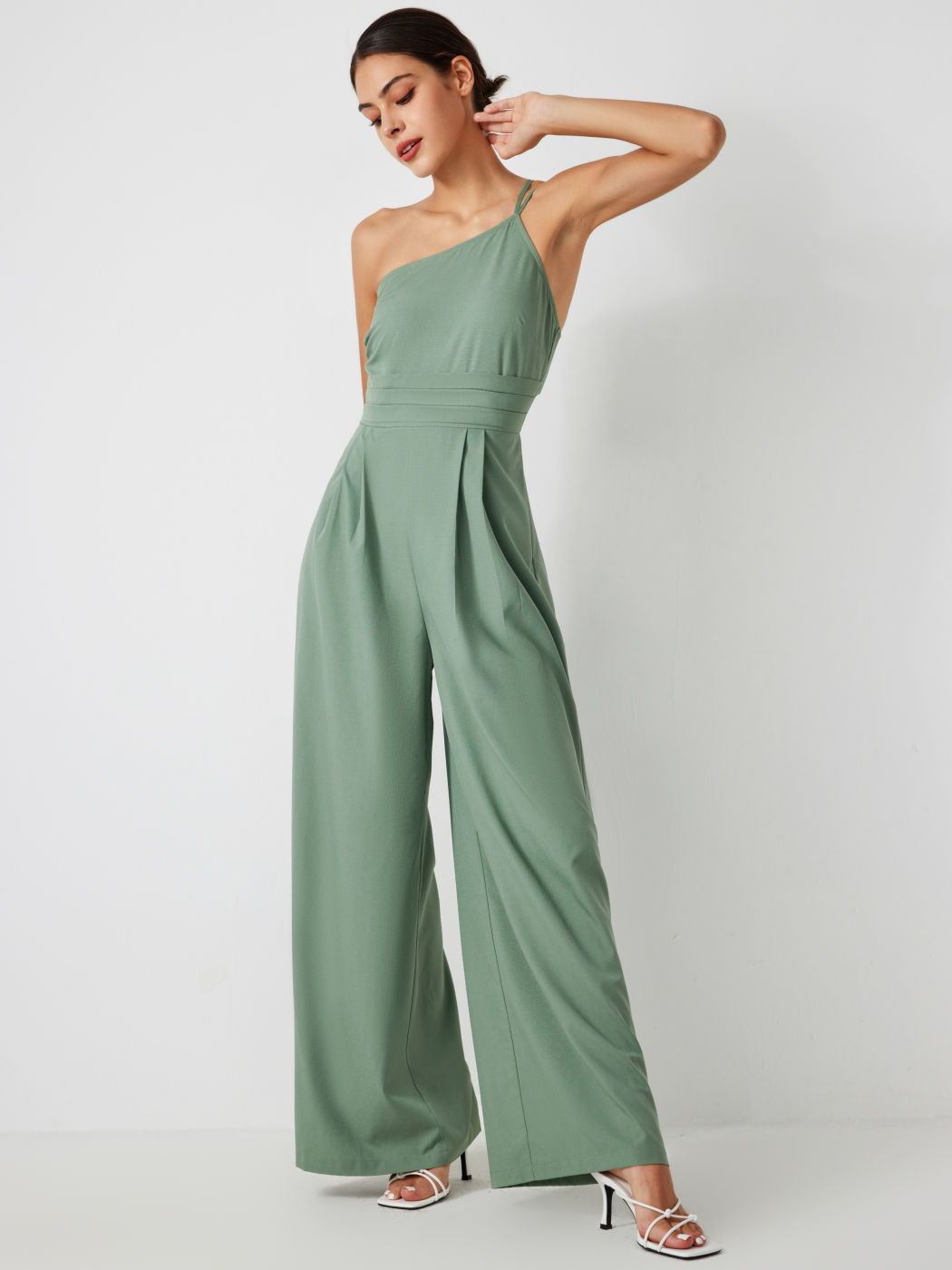 Asymmetrical Neck Solid Ruched Jumpsuit For Date Vacation Exhibition ...