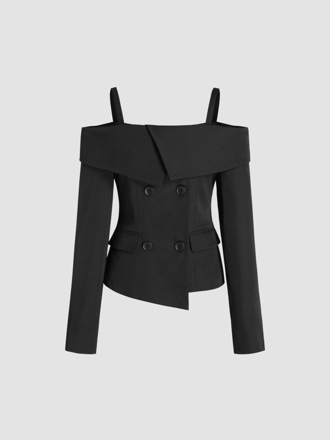 Woven Solid Off-shoulder Button Blazer For Daily Casual Coffee Shop Work