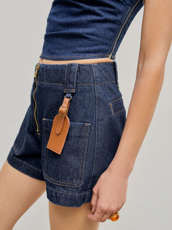 Denim Denim Mid Waist Zipper Shorts With Buckle Tag For Daily Casual