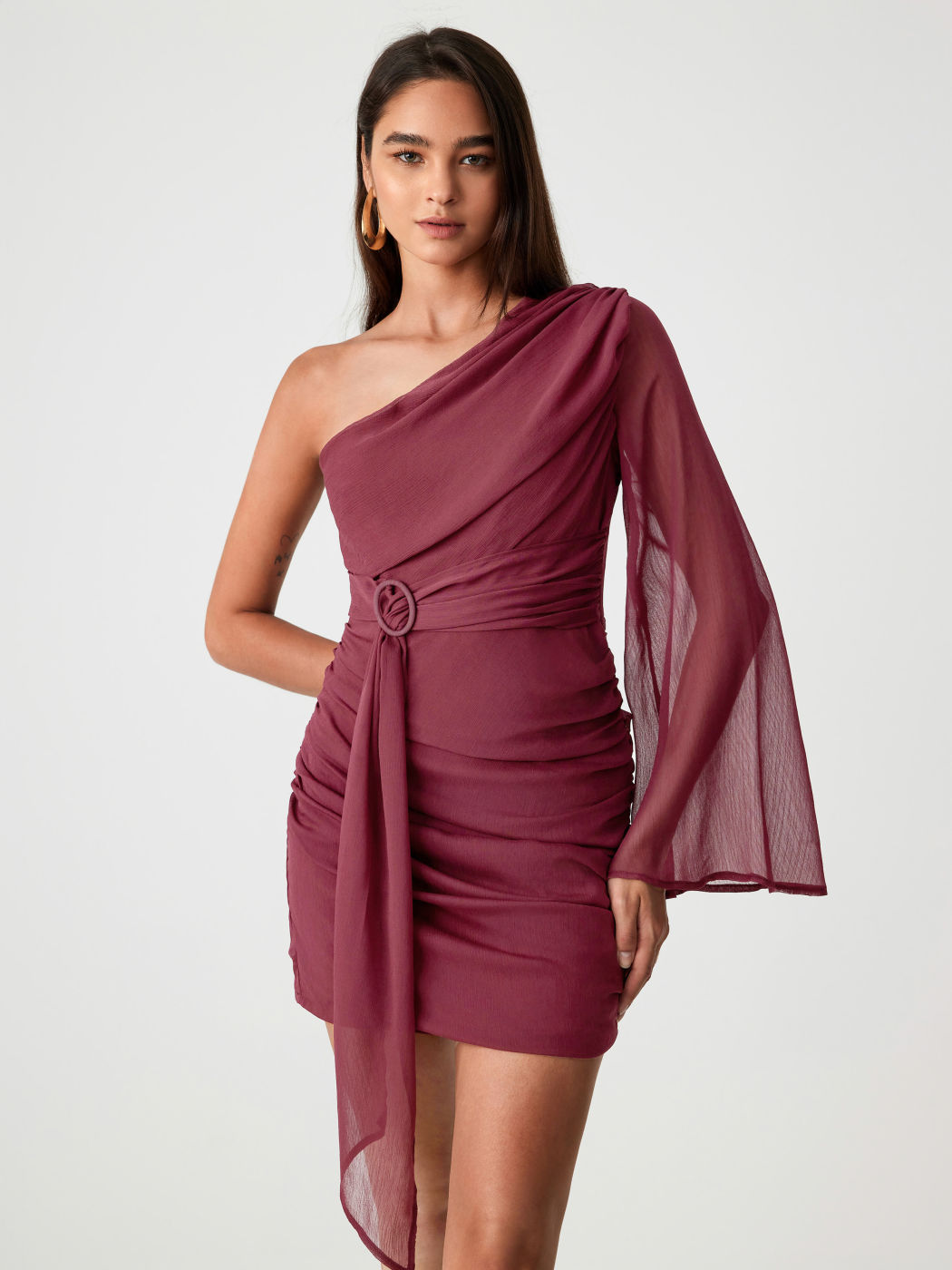 Chiffon Asymmetrical One Shoulder Ruched Mini Dress - Cider