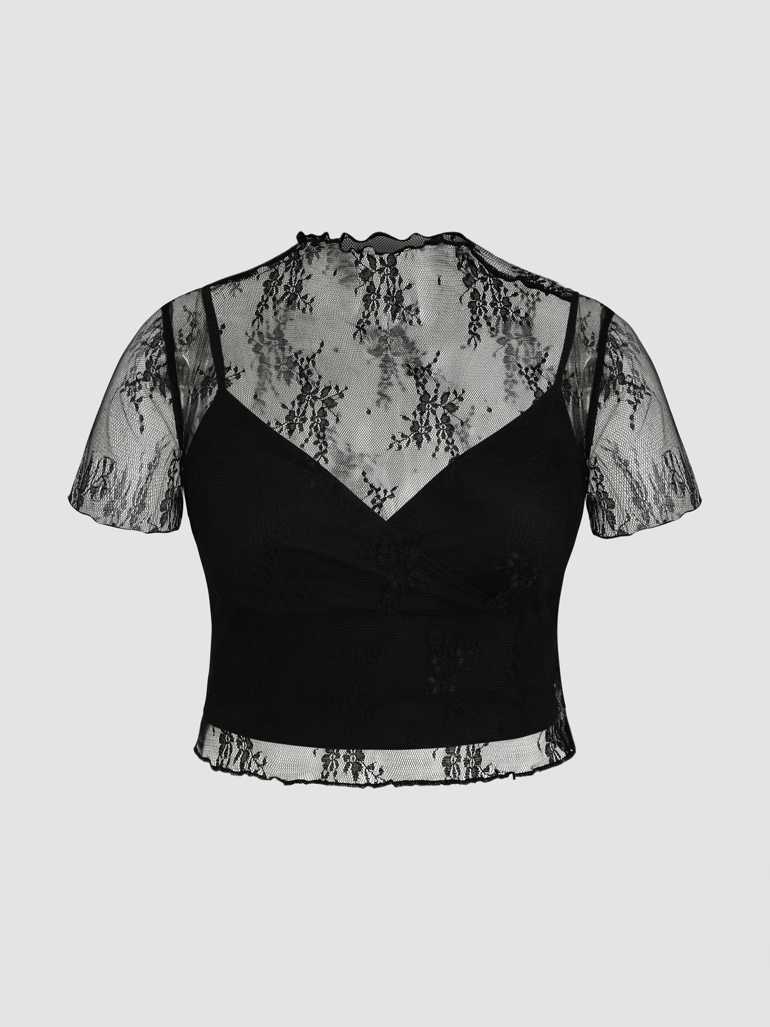 High Neck Lace Floral Top Solid Cami Top Set Curve Plus