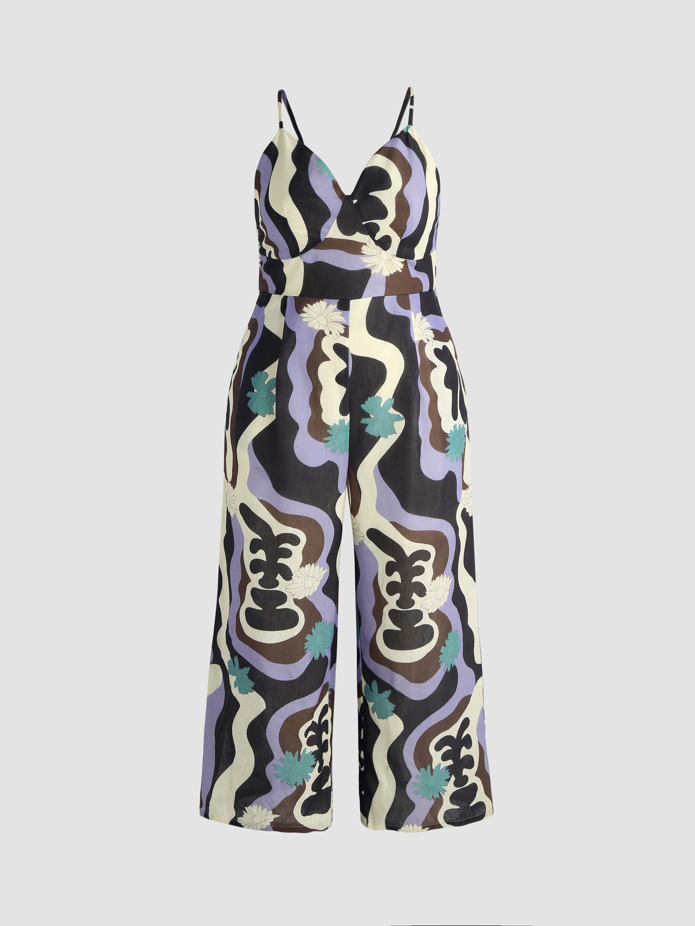 Curve & Plus V-neck Wave & Floral Pattern Sleeveless Jumpsuit For Daily ... Curve & Plus V-neck Wave & Floral Pattern Sleeveless Jumpsuit For Daily ...