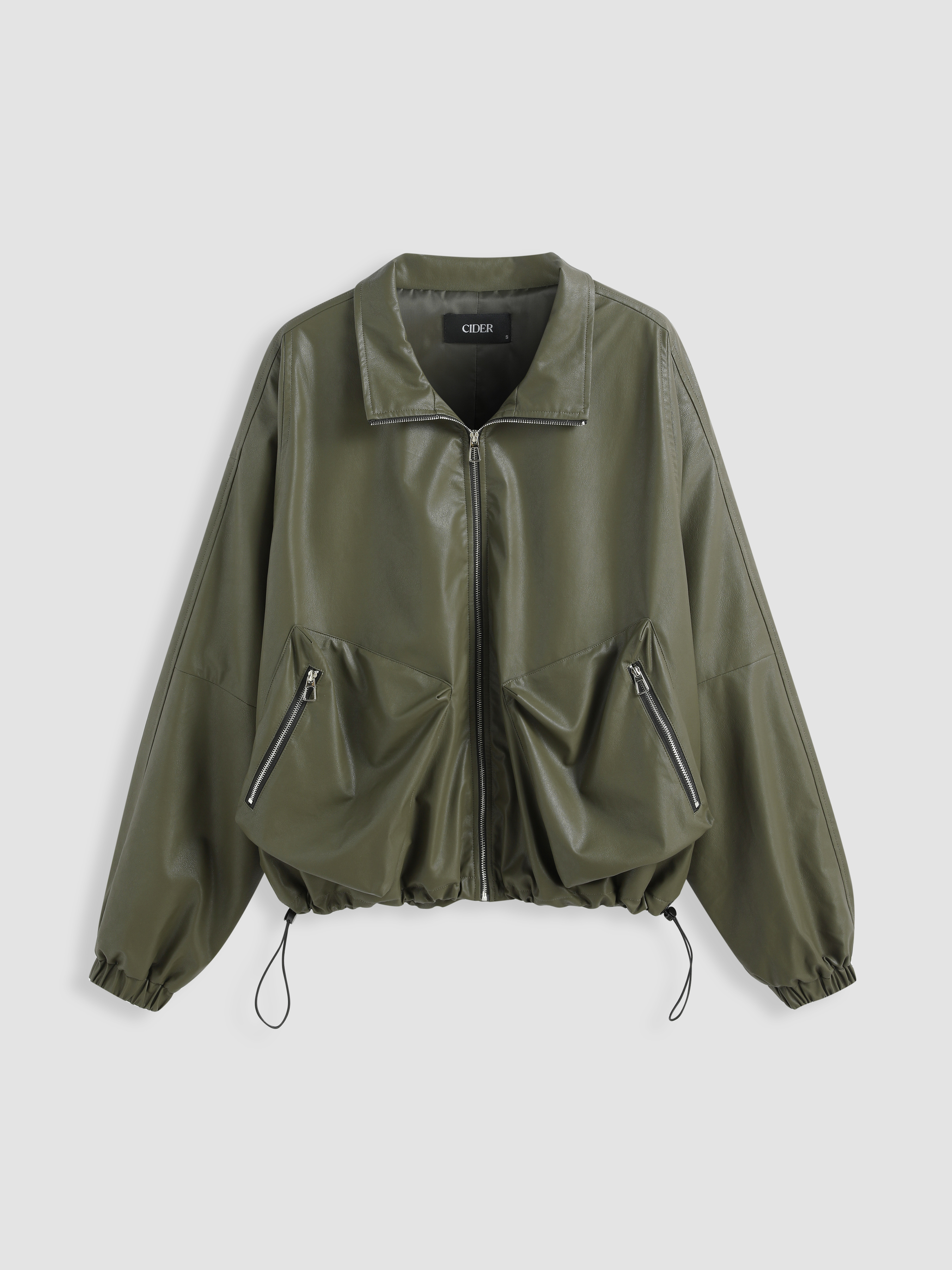 Faux Leather Collar Zipper Pocket Jacket For School Daily Casual