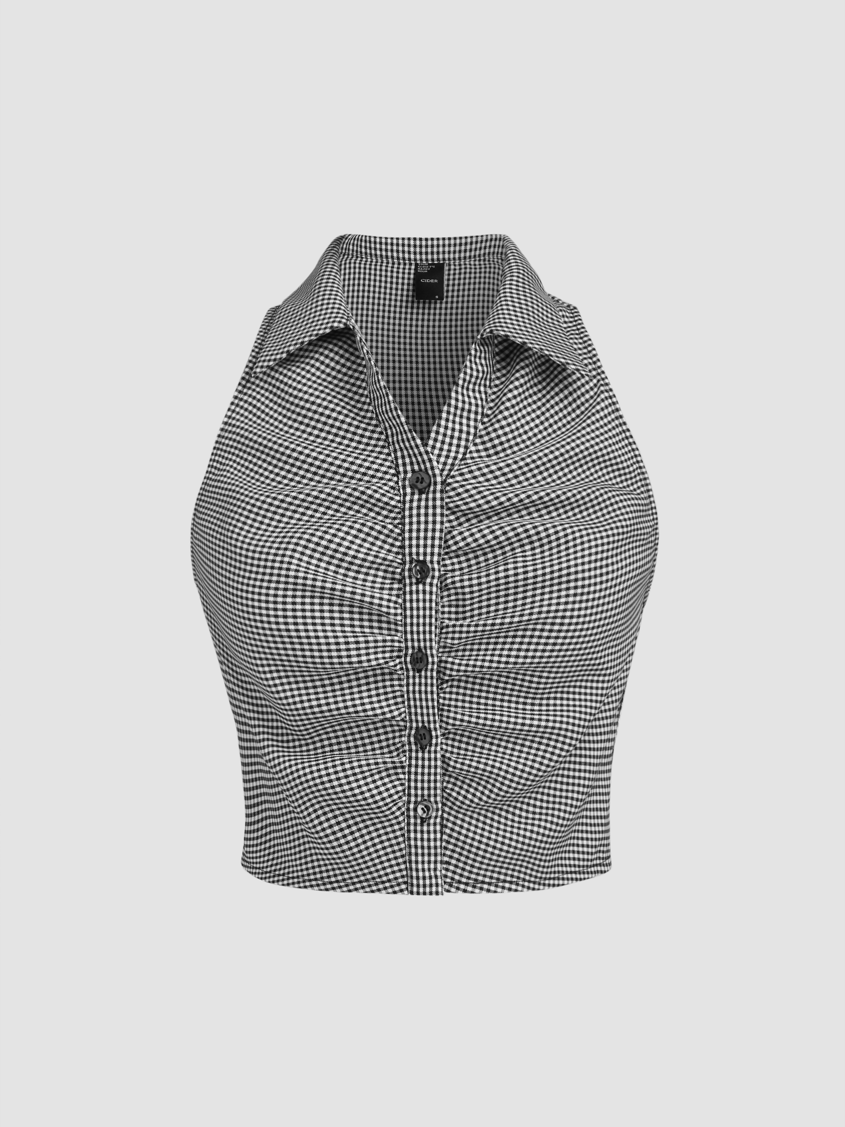 Stand Collar Check Ruched Crop Top - Cider