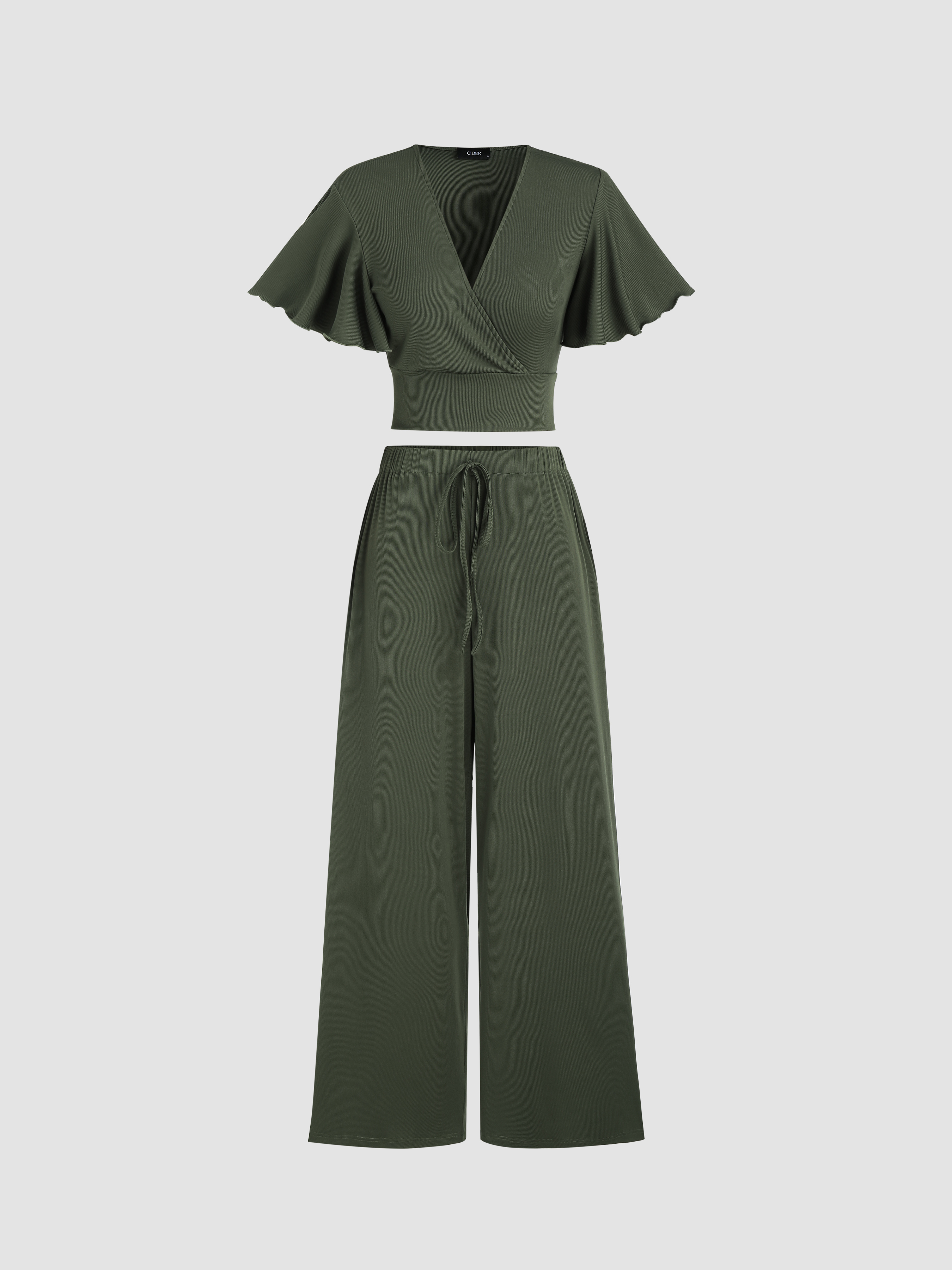 V Neck Solid Ruched Crop Top And Pants Matching Set Cider