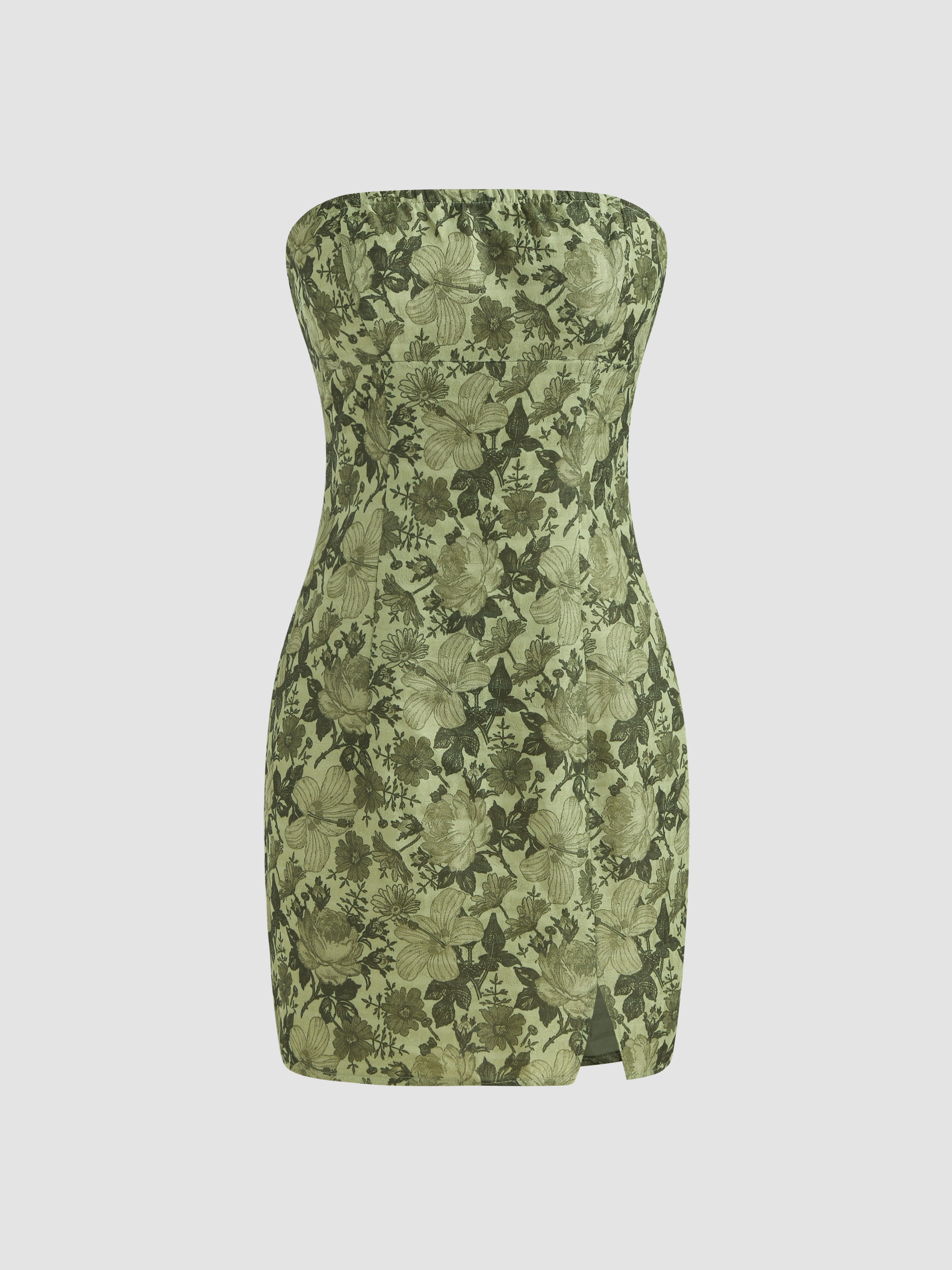 Jacquard Floral Split Tube Mini Dress - Cider