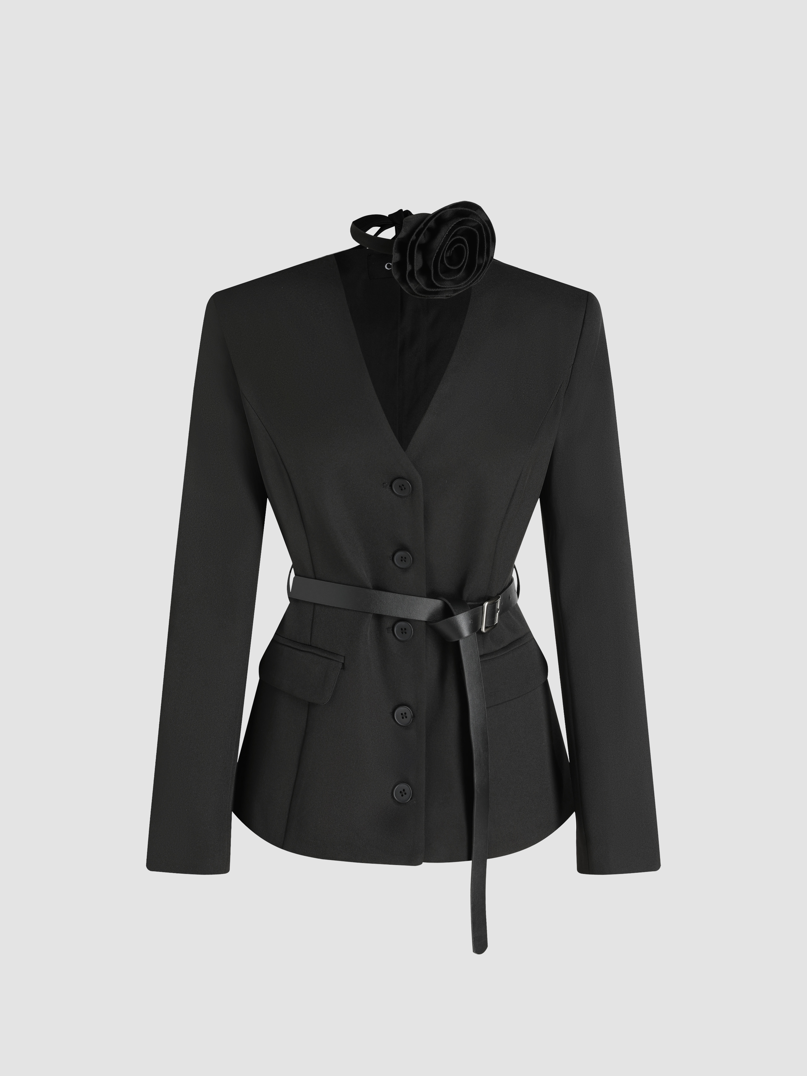 Woven V-neck Rosette Button Blazer With Belt For Exhibition Outdoor Work