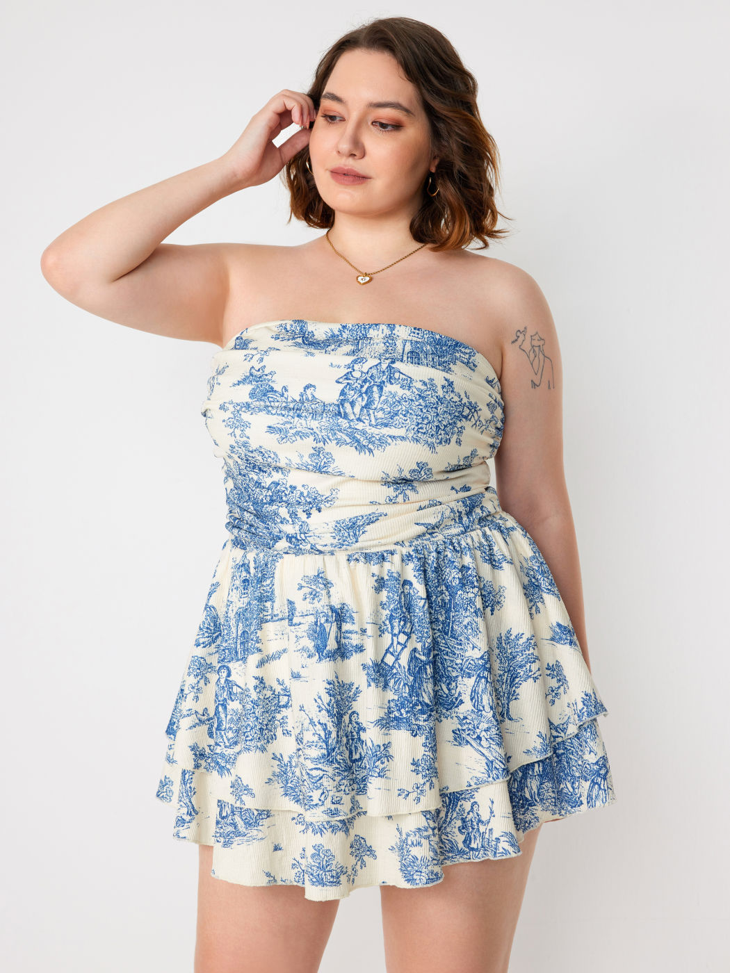 Toile De Jouy Shirred Ruched Mini Dress Curve And Plus Cider