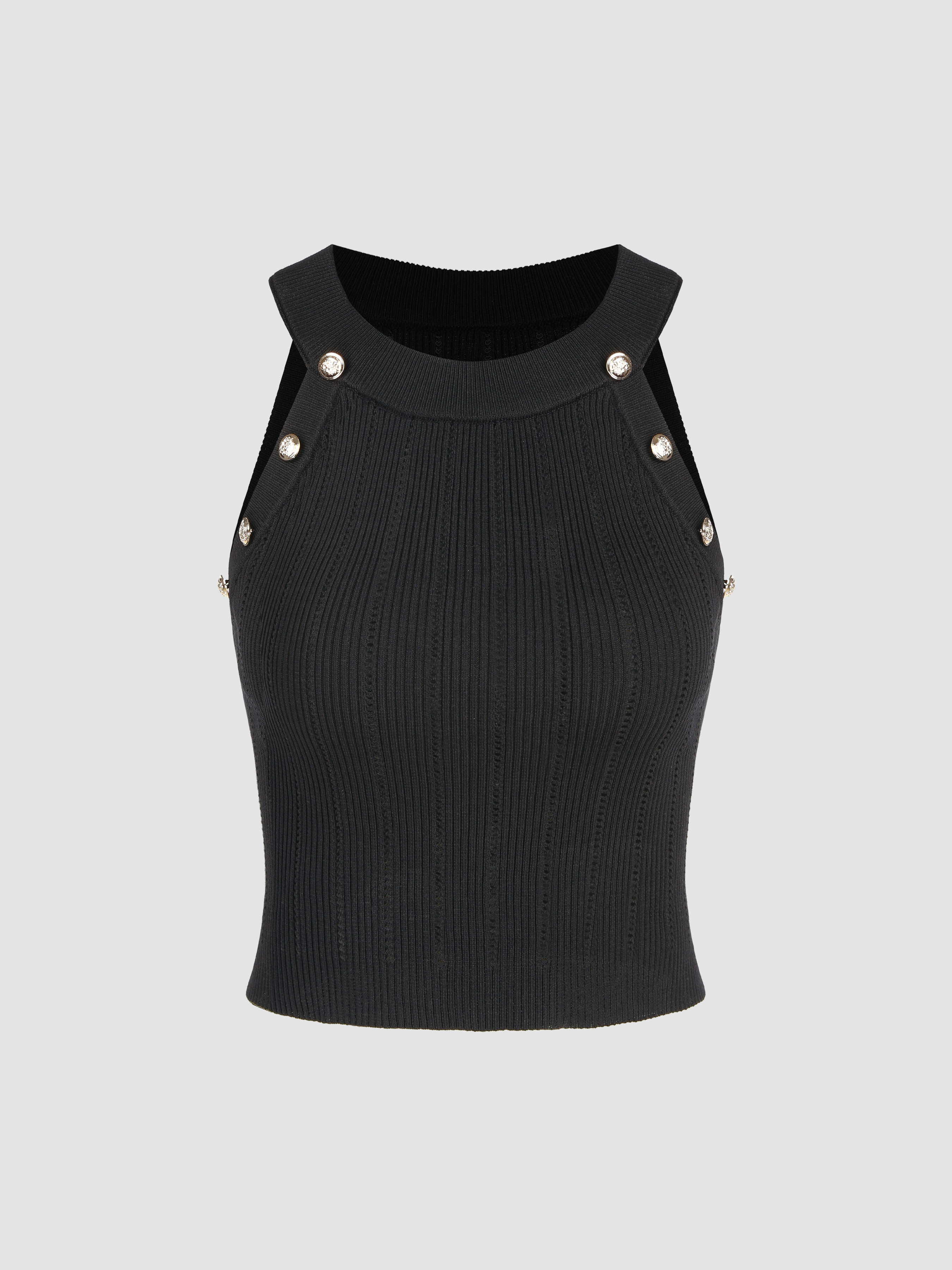 Round Neckline Solid Button Knitted Tank Top - Cider