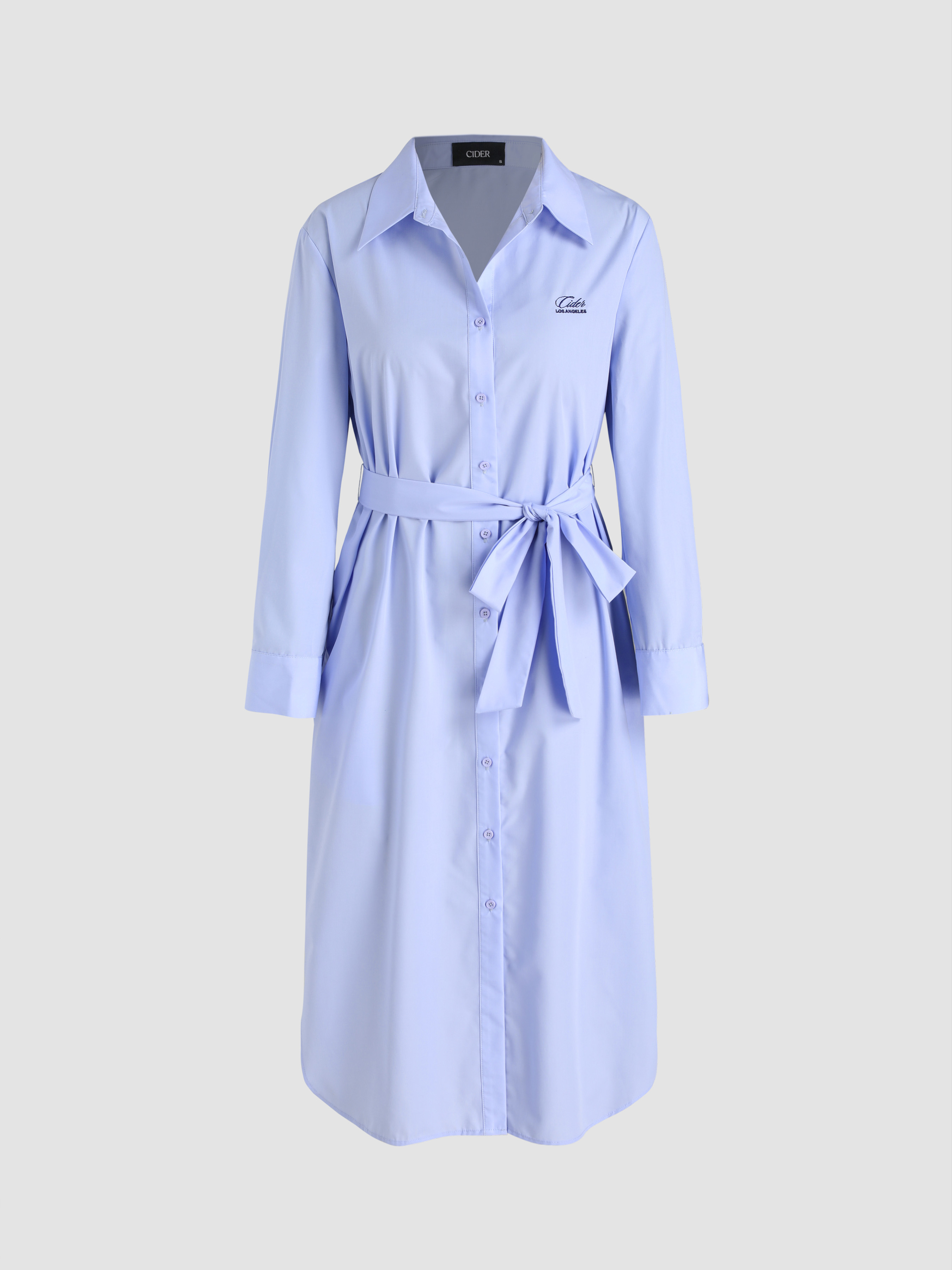 Solid Collar Shirt Midi Dress With Belt - Cider