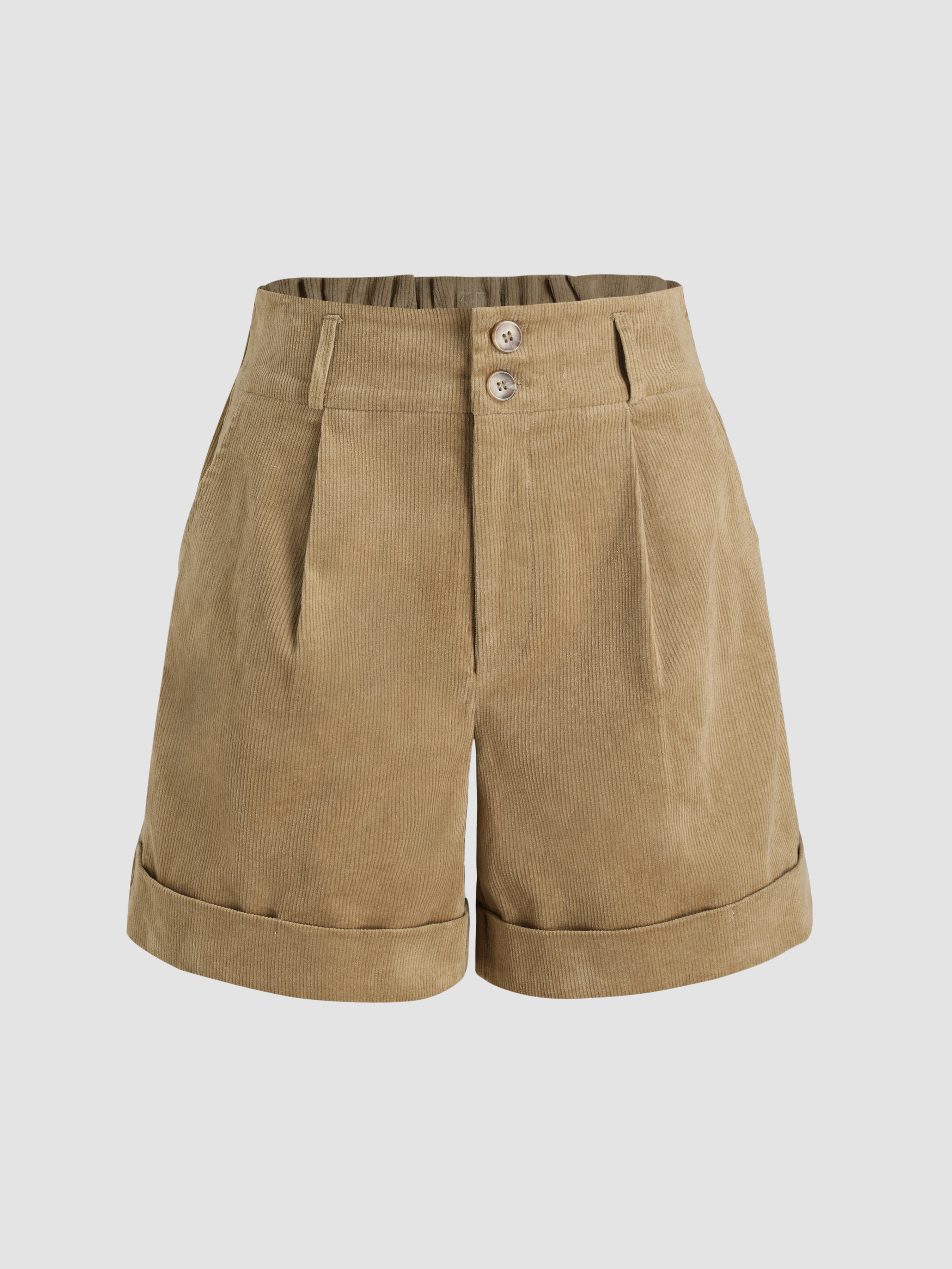 Corduroy High Waist Solid Pleated Bermuda Shorts For Daily Casual