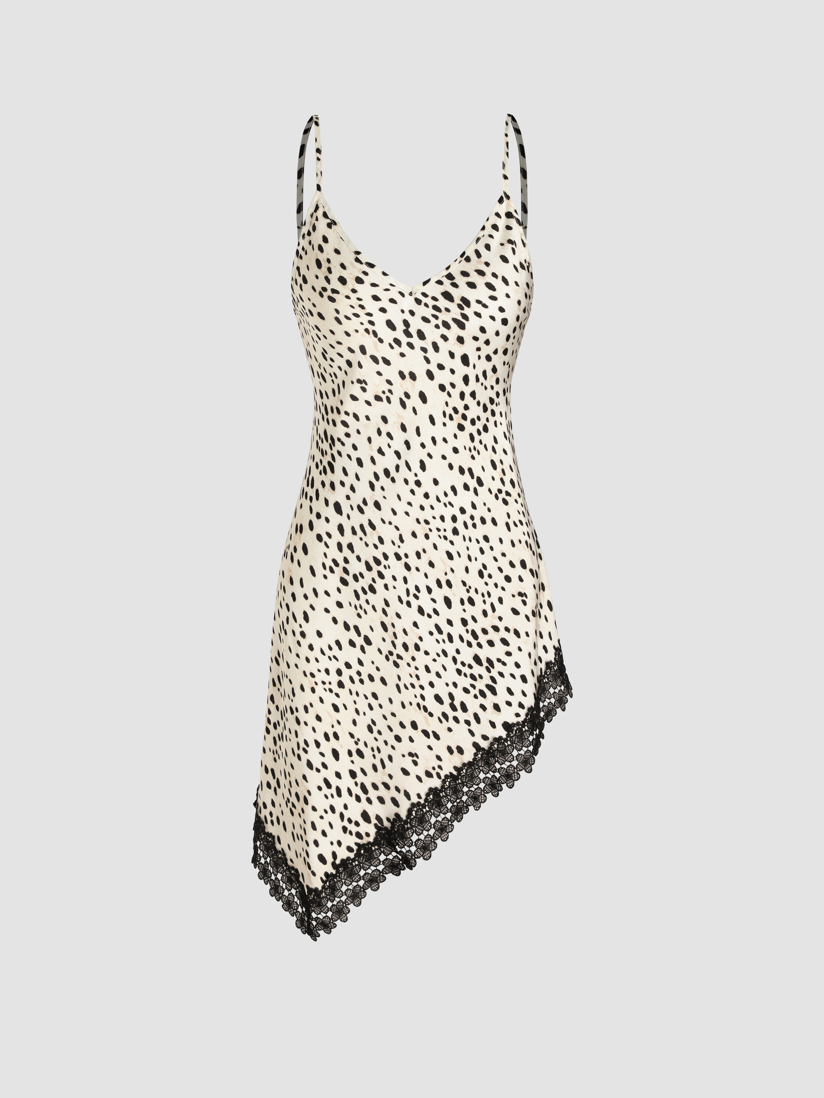 Satin V Neck Leopard Print Asymmetrical Lace Pajama Cami Mini Nightdress Cider