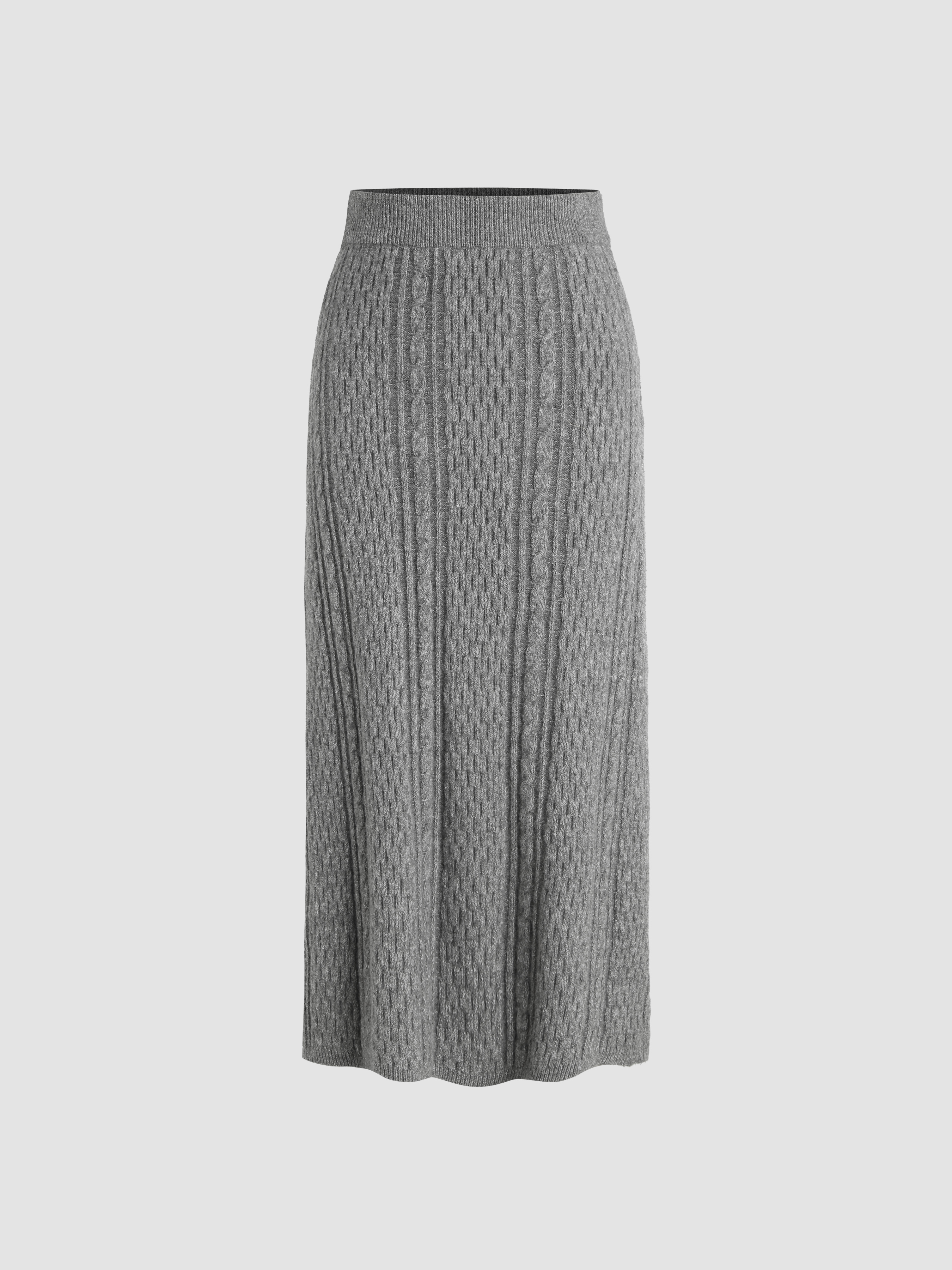 Knit Fabric Cable Knit Mid Waist Wool-blend Midi Skirt For Daily Casual ...