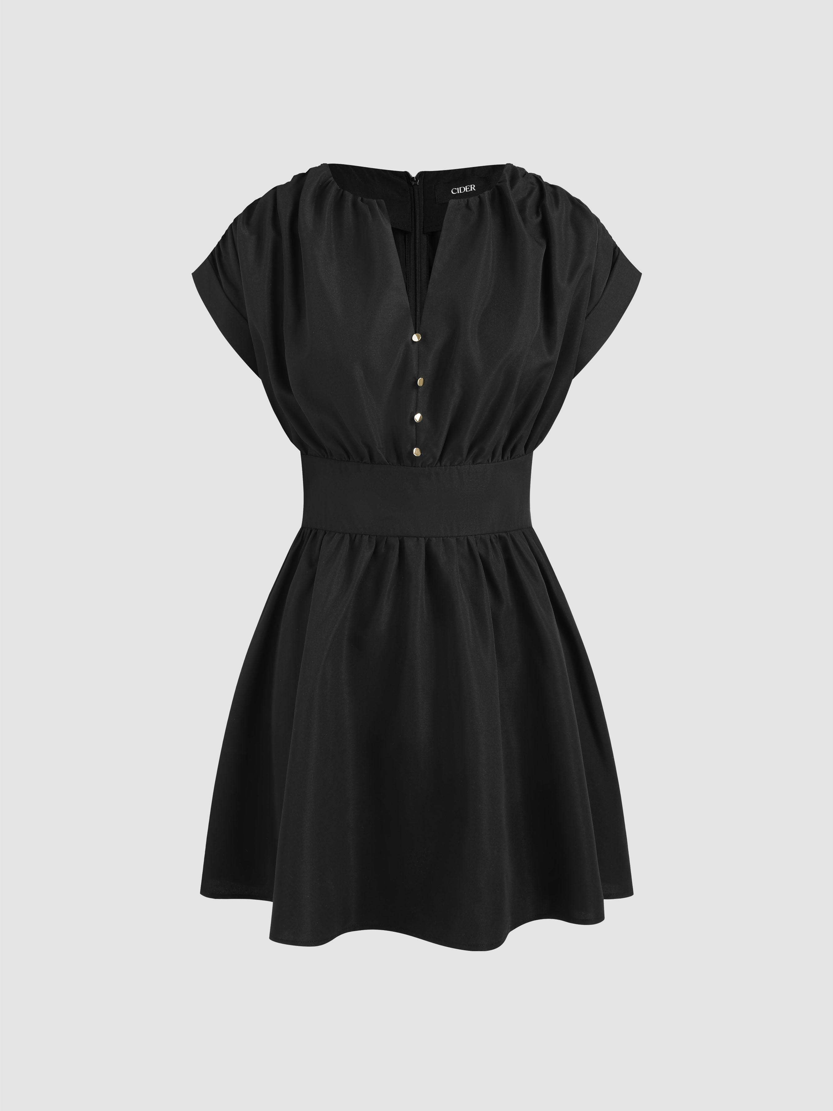 Woven V-neck Solid Button Mini Dress For Work Daily Casual