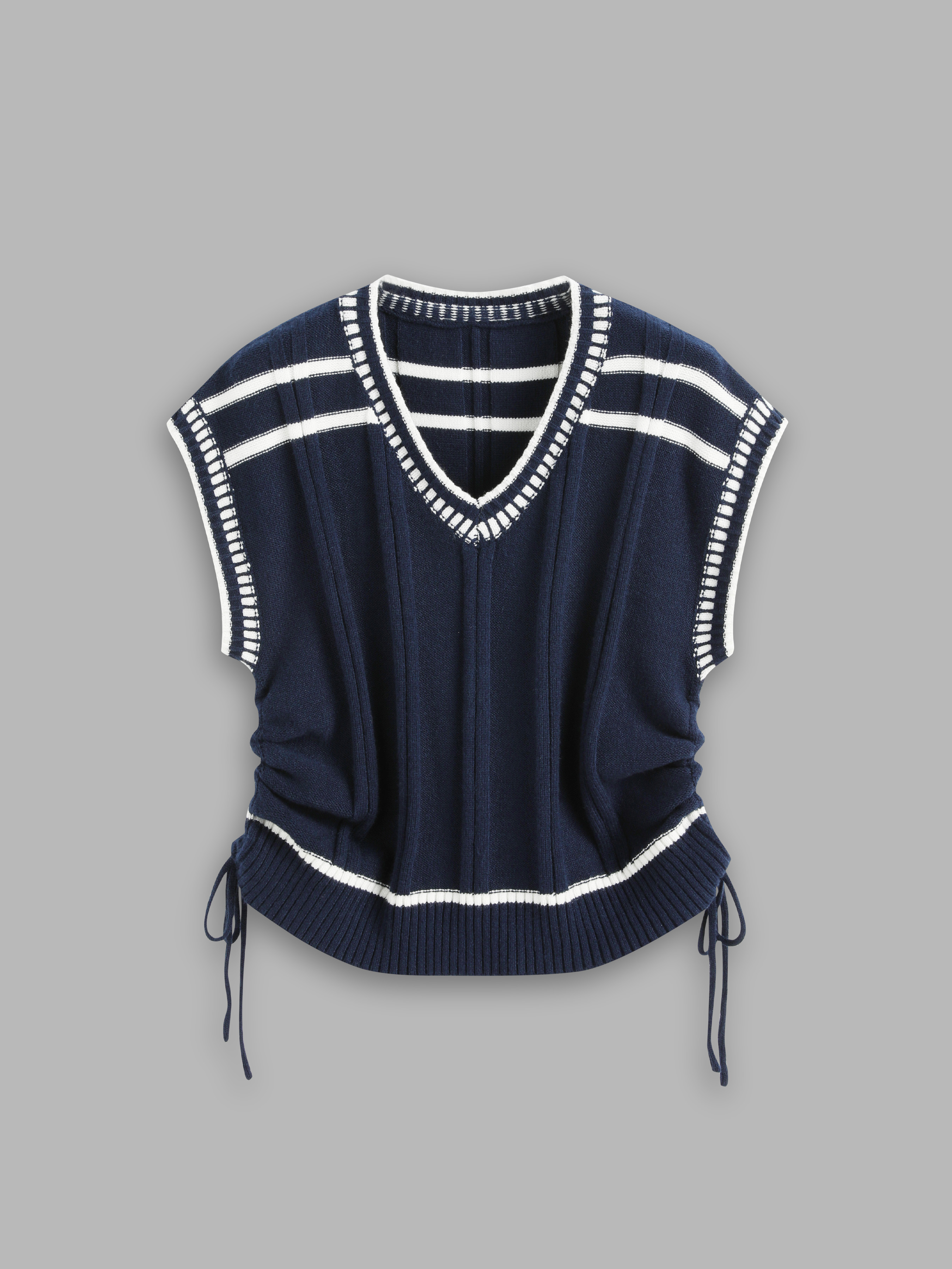 V-neck Drawstring Rib Knit Vest For School Daily Casual