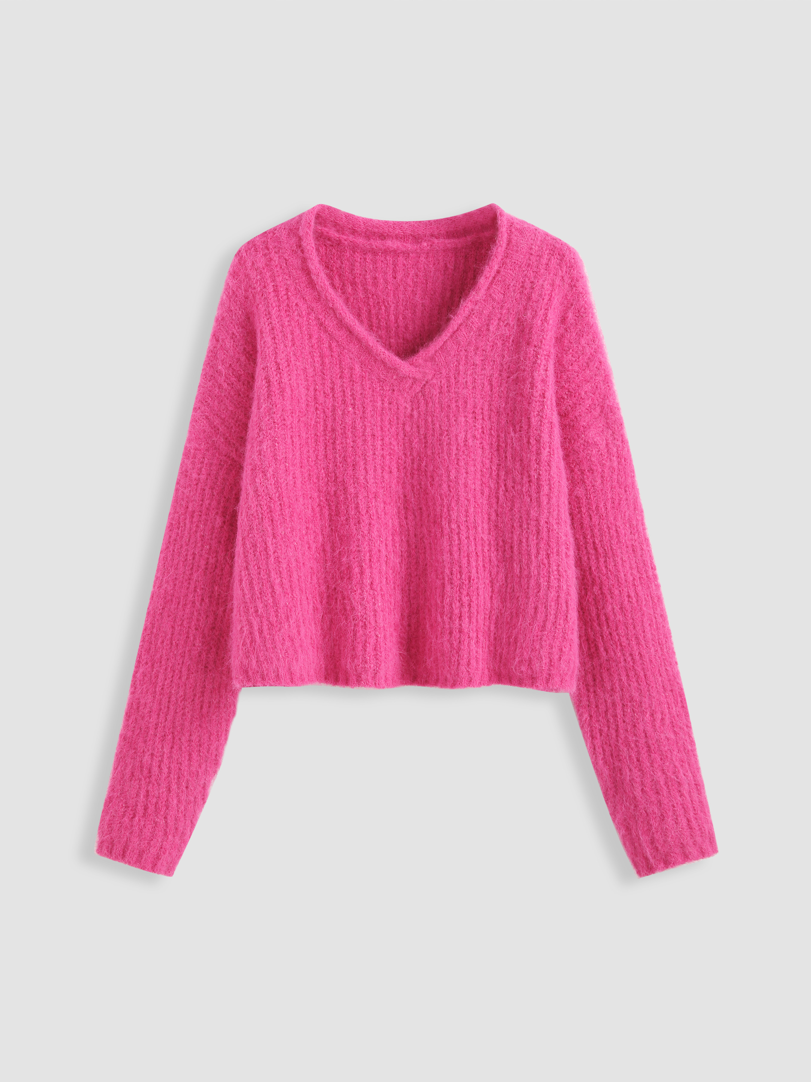 Wool-blend V-neck Knitted Long Sleeve Top - Cider