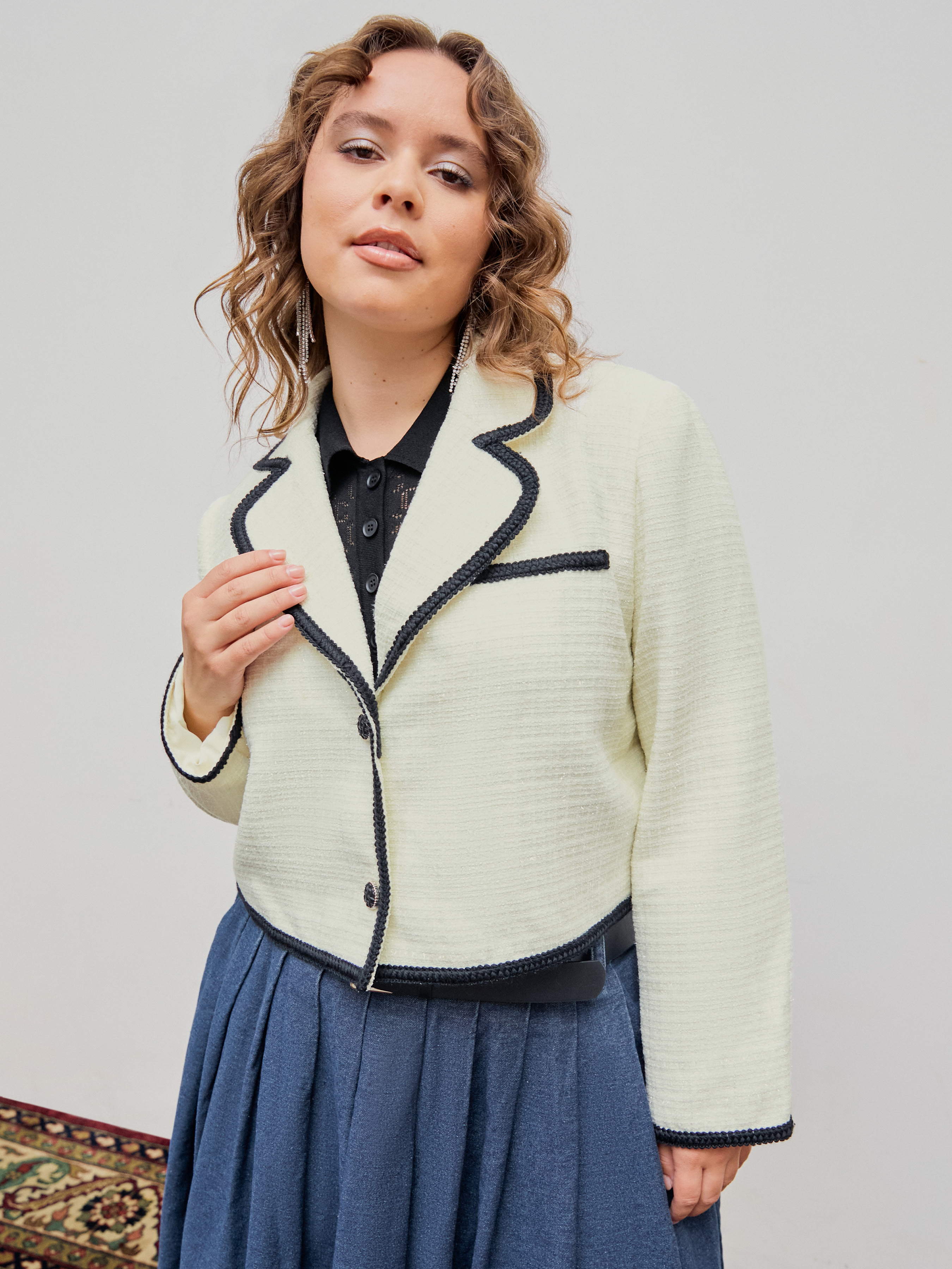 Tweed Tweed Collar Button Crop Blazer Curve & Plus For Work