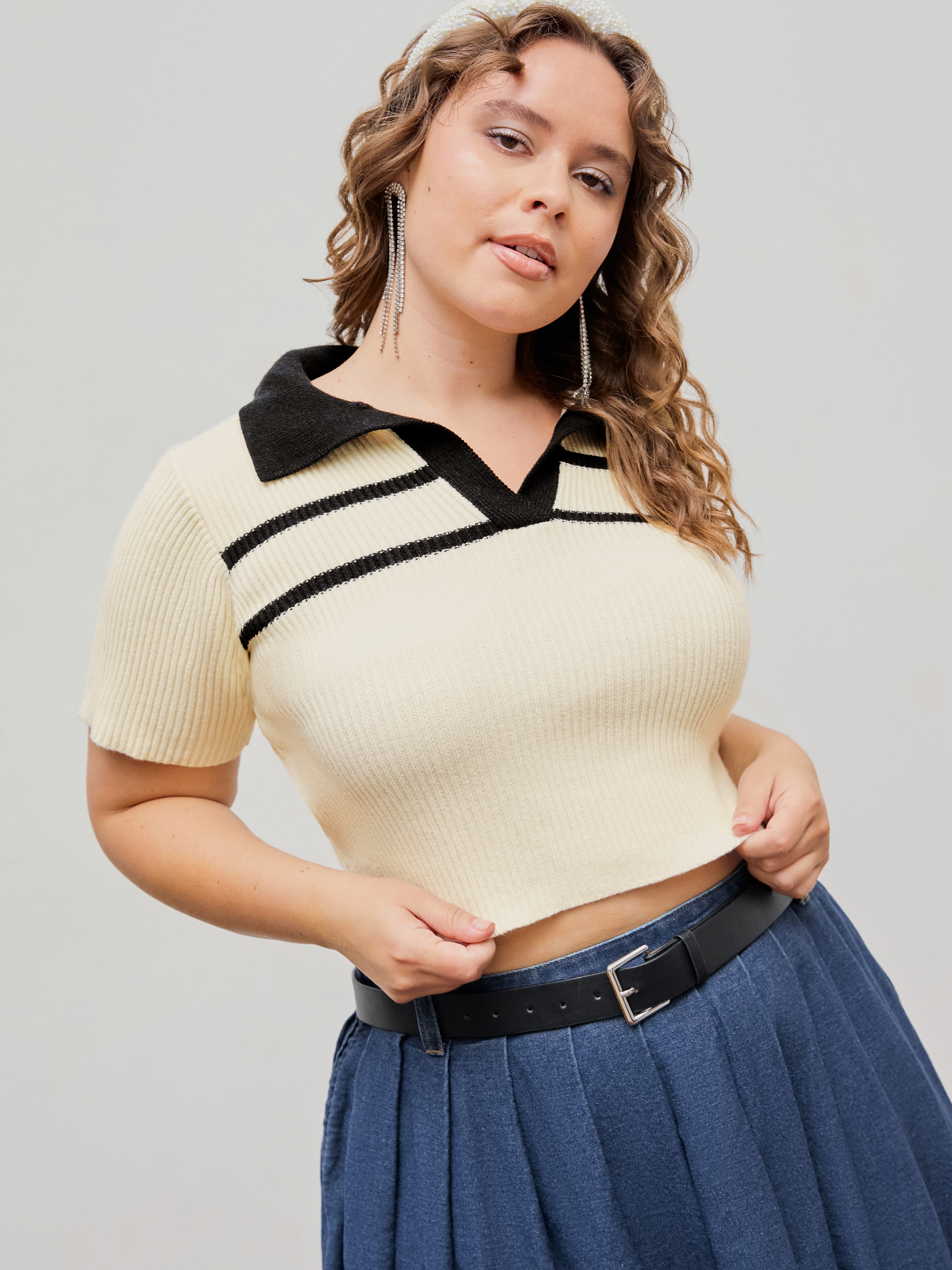 Collar Striped Knitted Contrasting Binding Short Sleeve Top Curve ...