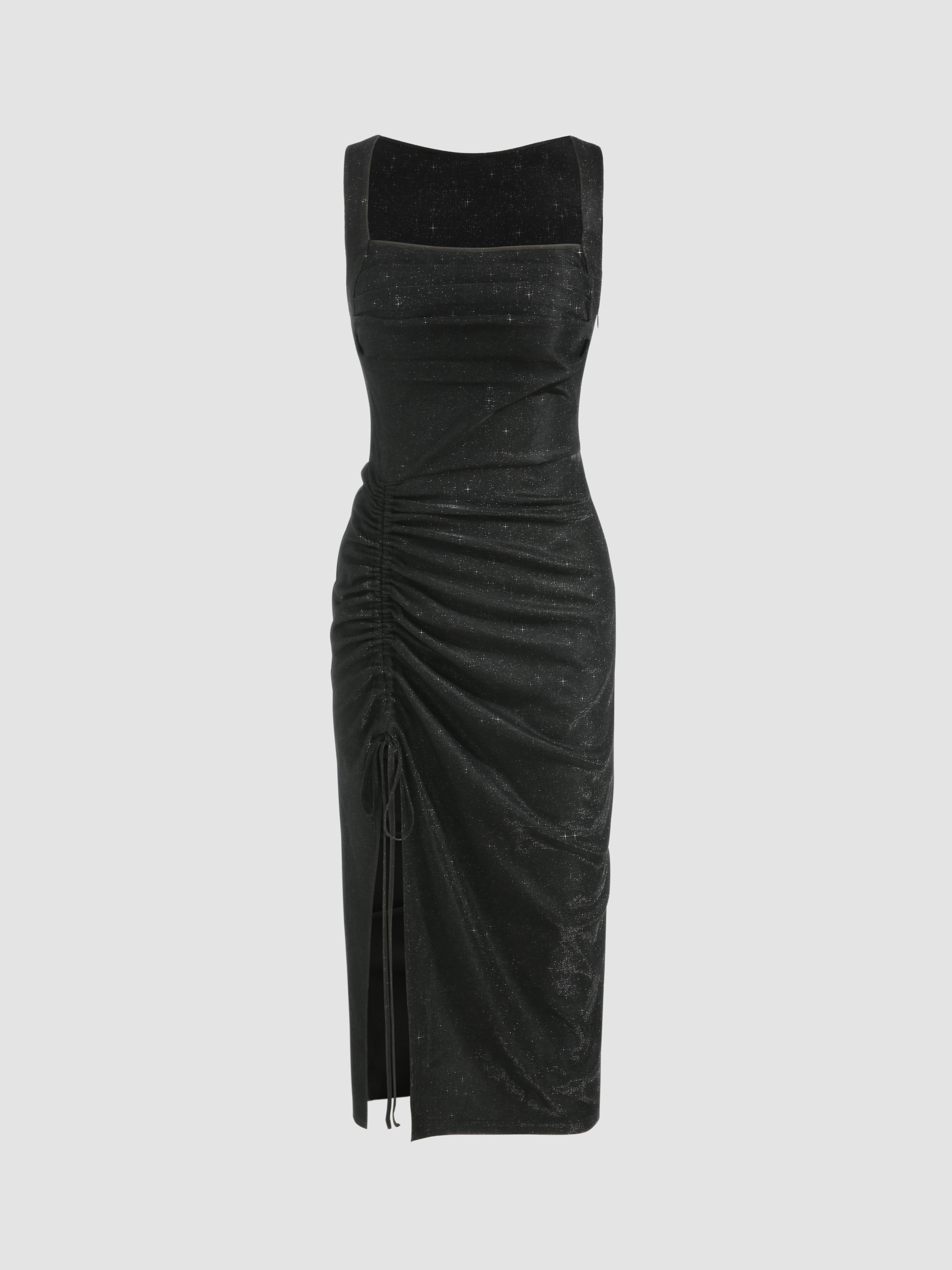 Square Neck Drawstring Split Midi Dress - Cider