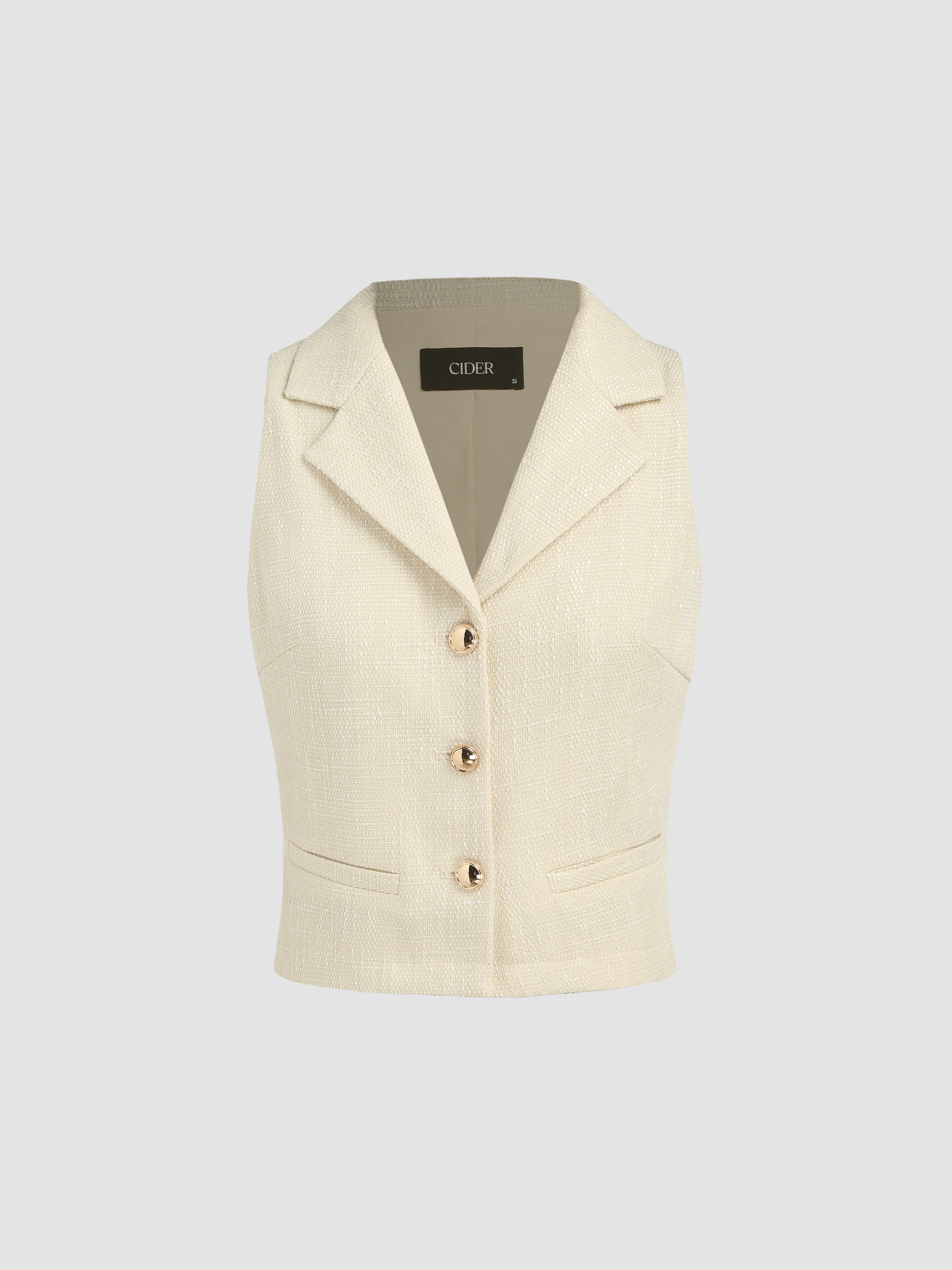 Woven Collar Solid Button Sleeveless Vest For Daily Casual Coffee Shop Work