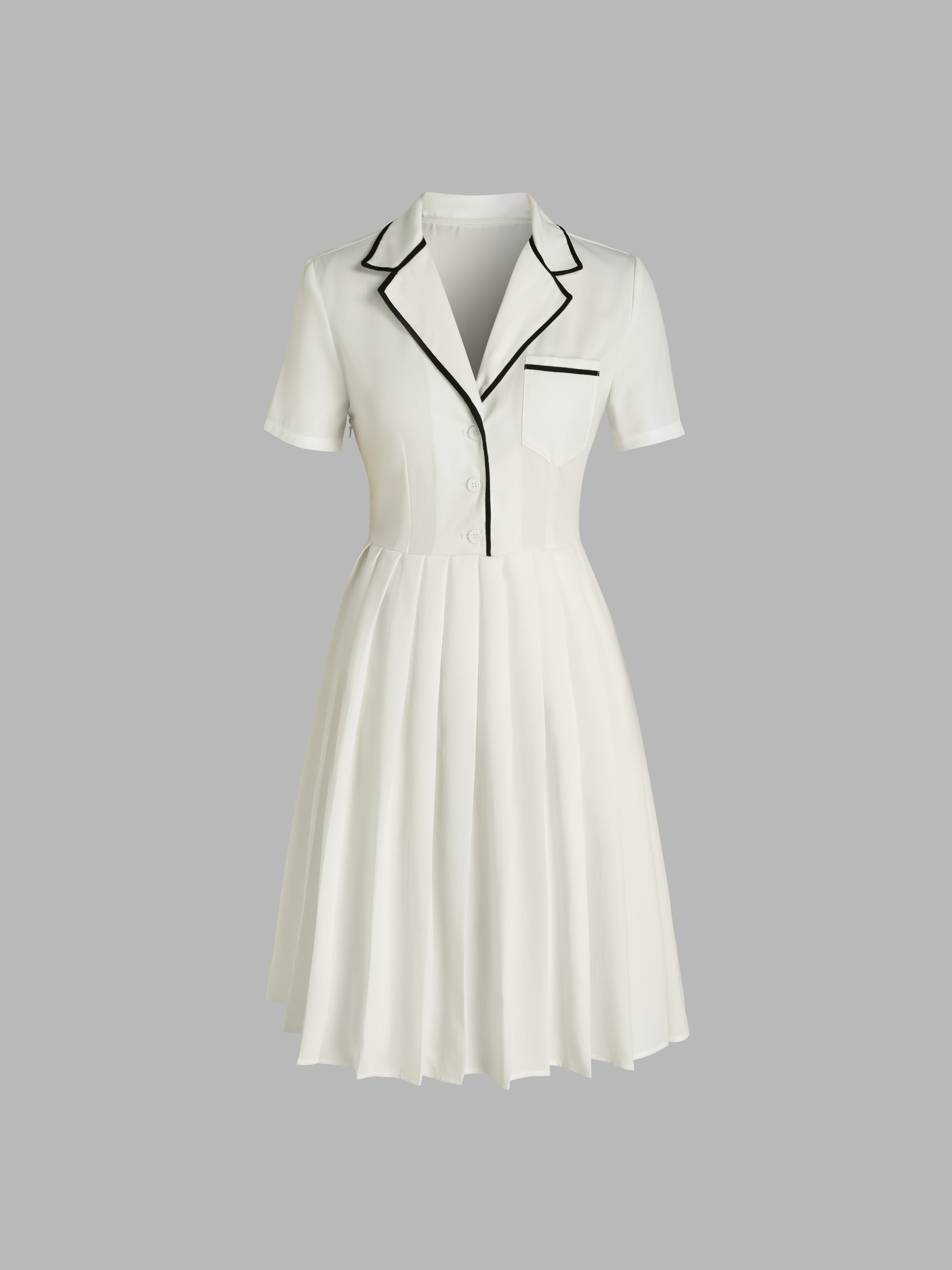 Woven Solid Collar Contrasting Binding Pleated Mini Dress For School ...