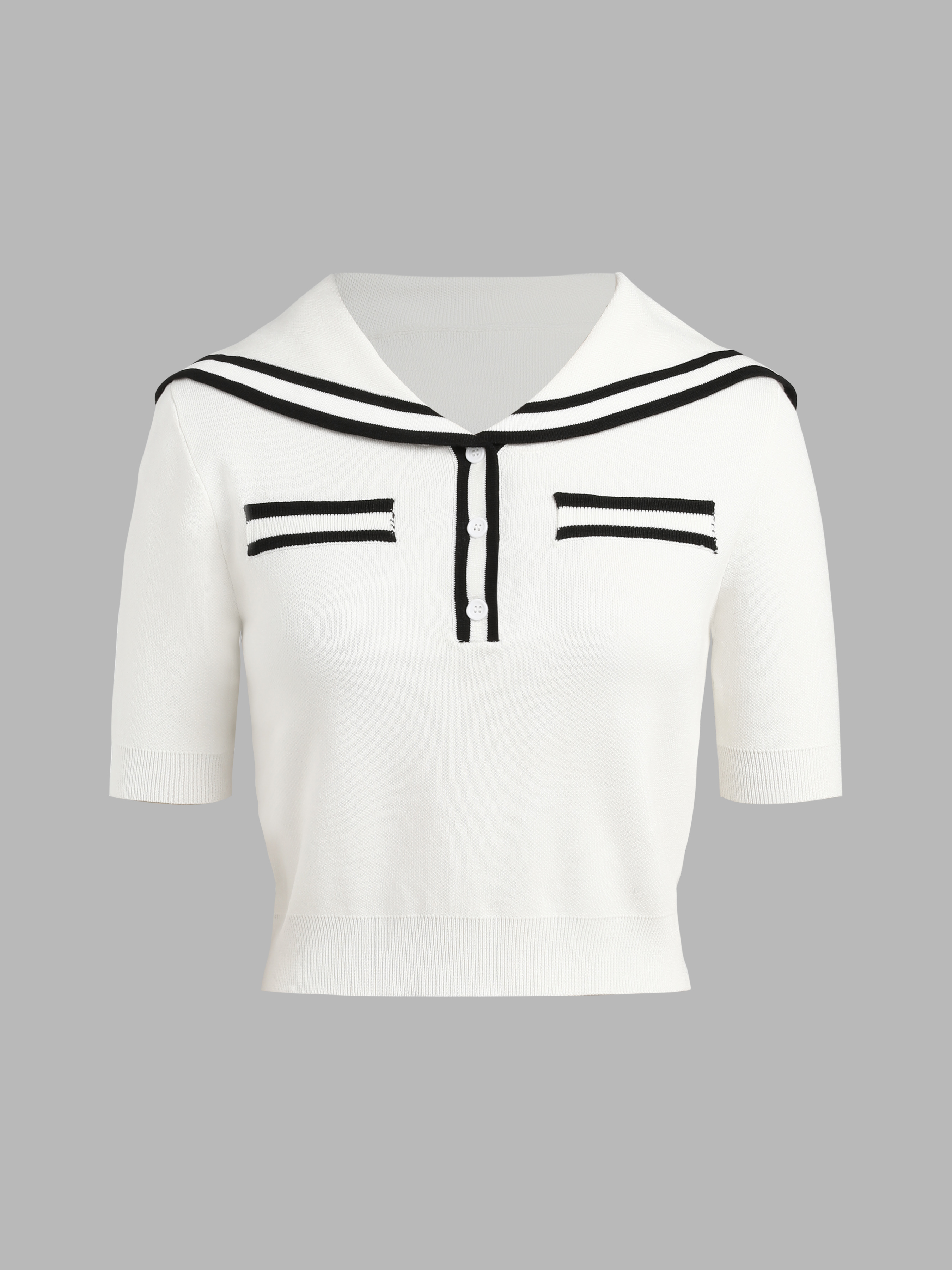 Knit Sailor Collar Contrasting Binding Short Sleeve Top - Cider