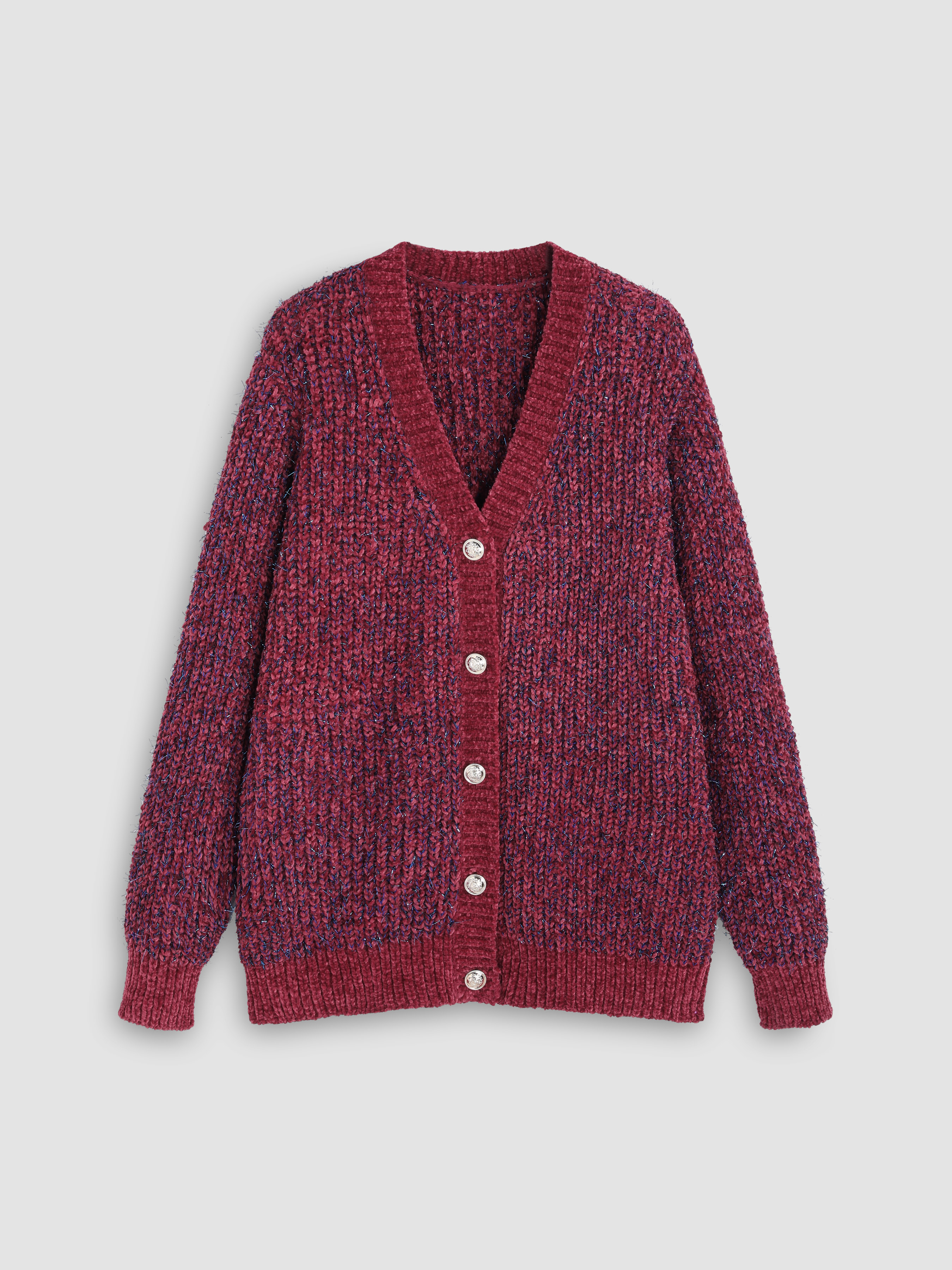 Knit Fabric Metallic V-neck Solid Button Cardigan For School Daily Casual