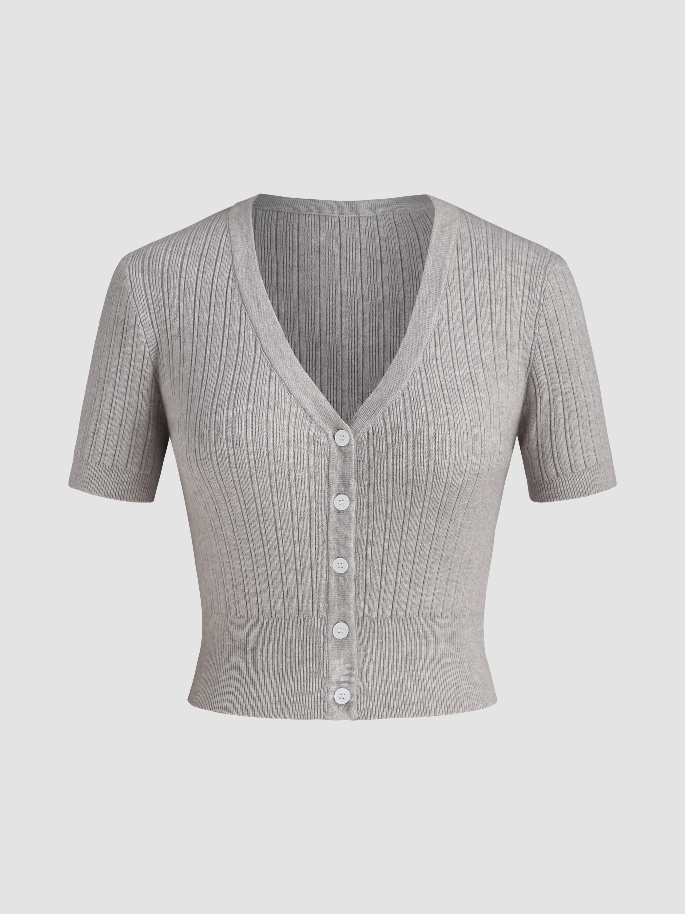 Knit Fabric V-neck Rib Knit Button Crop Top For Daily Casual