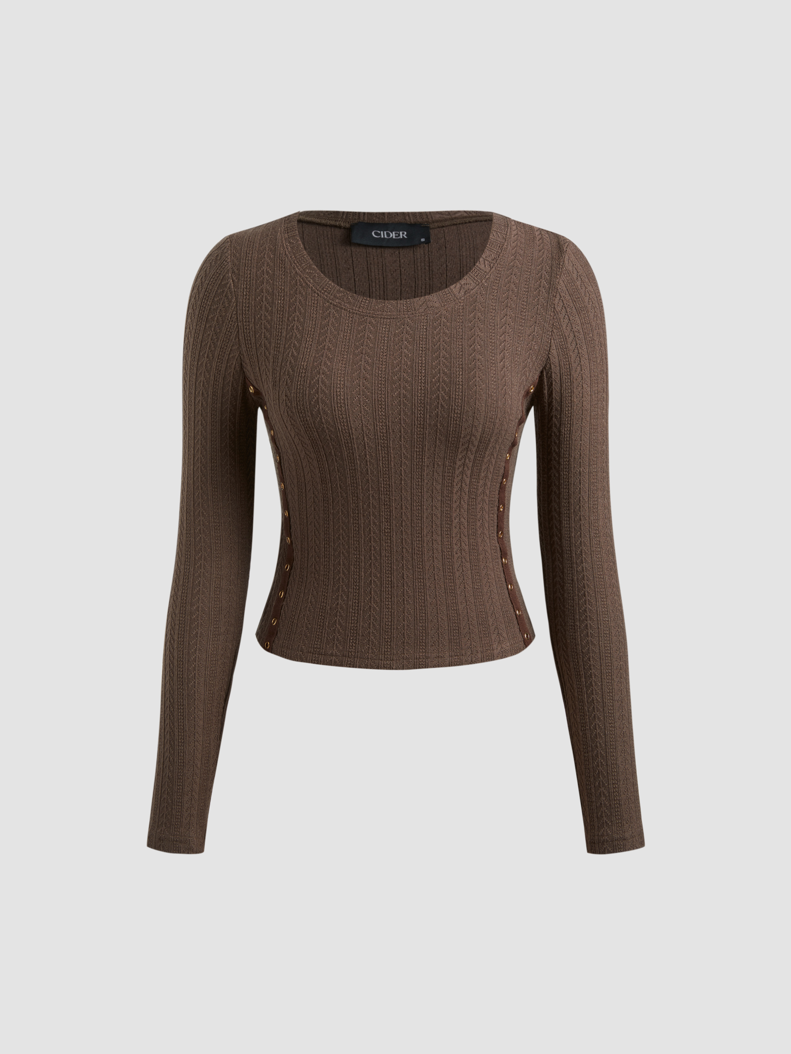 Solid Round Neckline Button Long Sleeve Top - Cider